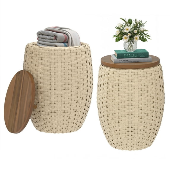 Uforic Outdoor Wicker Drum Side Table set of 2, All-weather Rattan Small Storage Box End Table ...