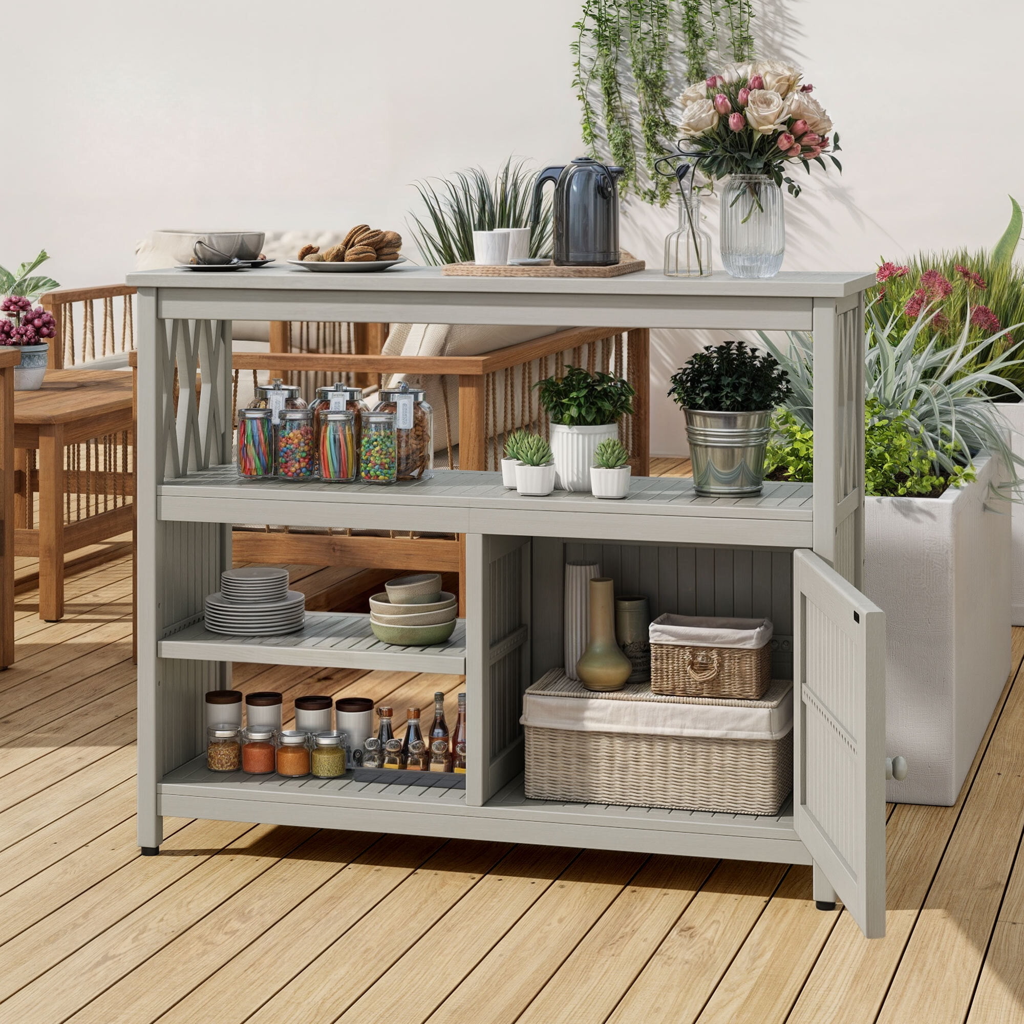 Uforic Patio Buffet Sideboard Cabinet with Doors & Shelves, 4-Tier Wood ...