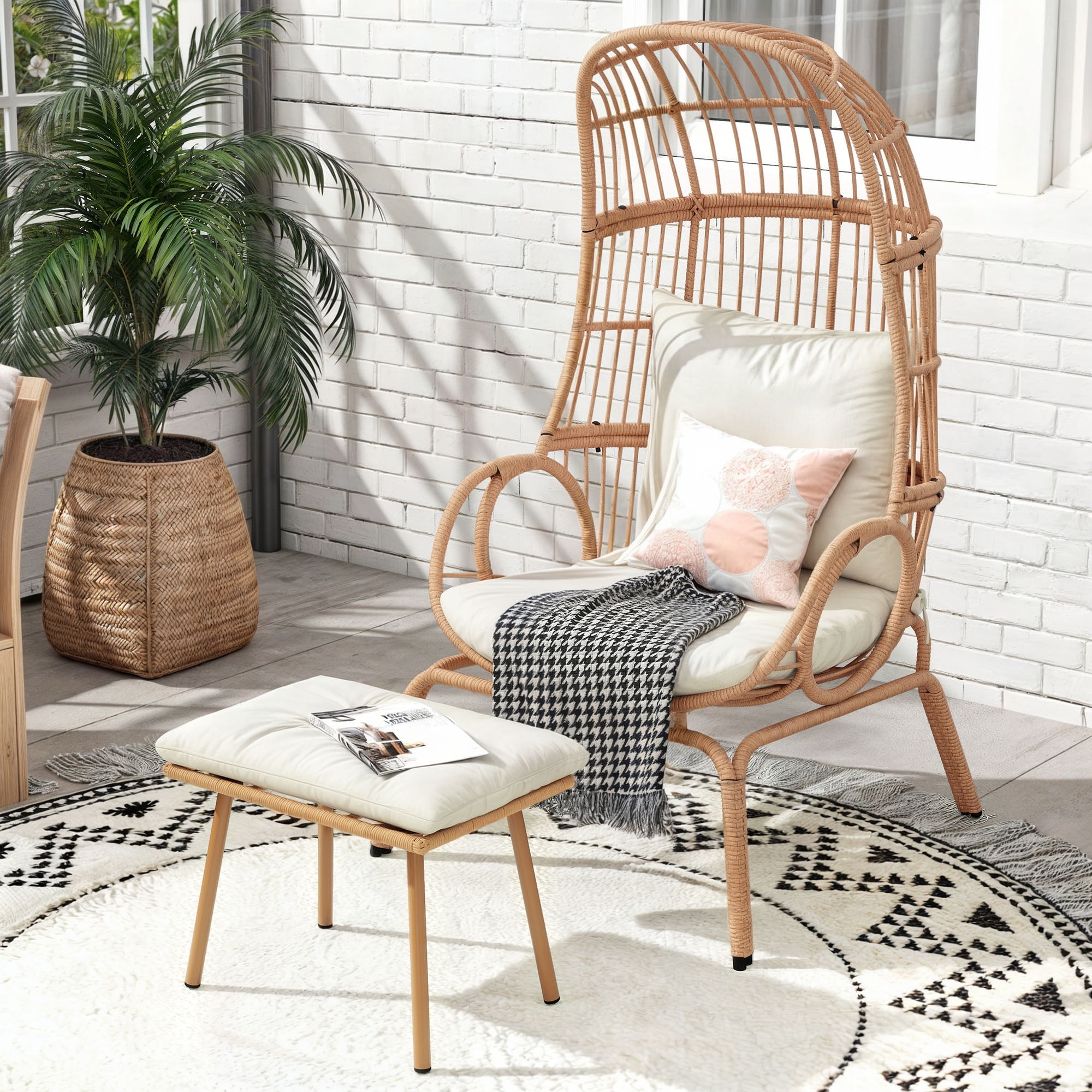 Uforic Patio Narrow Egg Chair with Cushions and Ottoman,Wicker Lounger ...