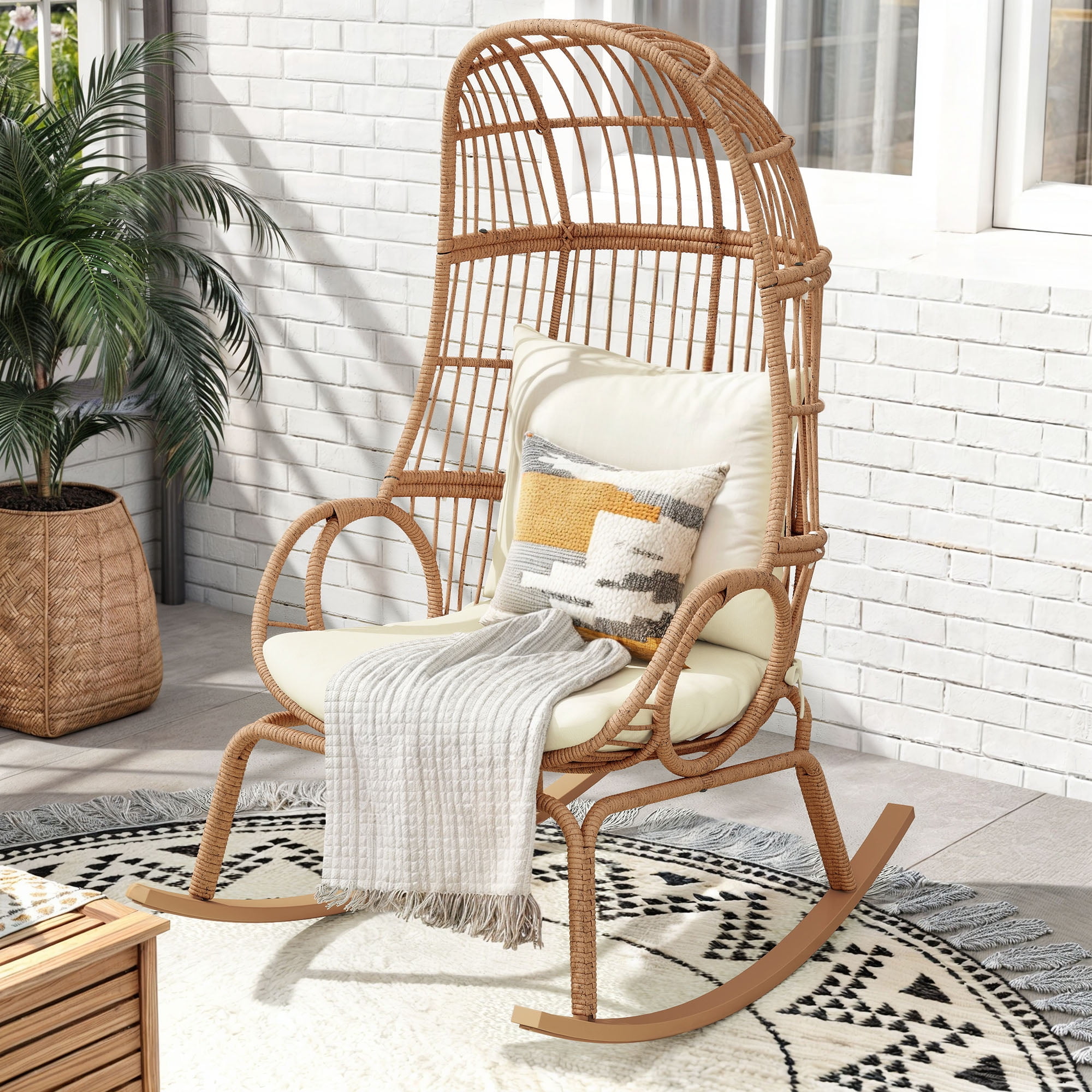 Uforic Patio Rocking Egg Chair, Outdoor Wicker Lounge Basket Chair with ...