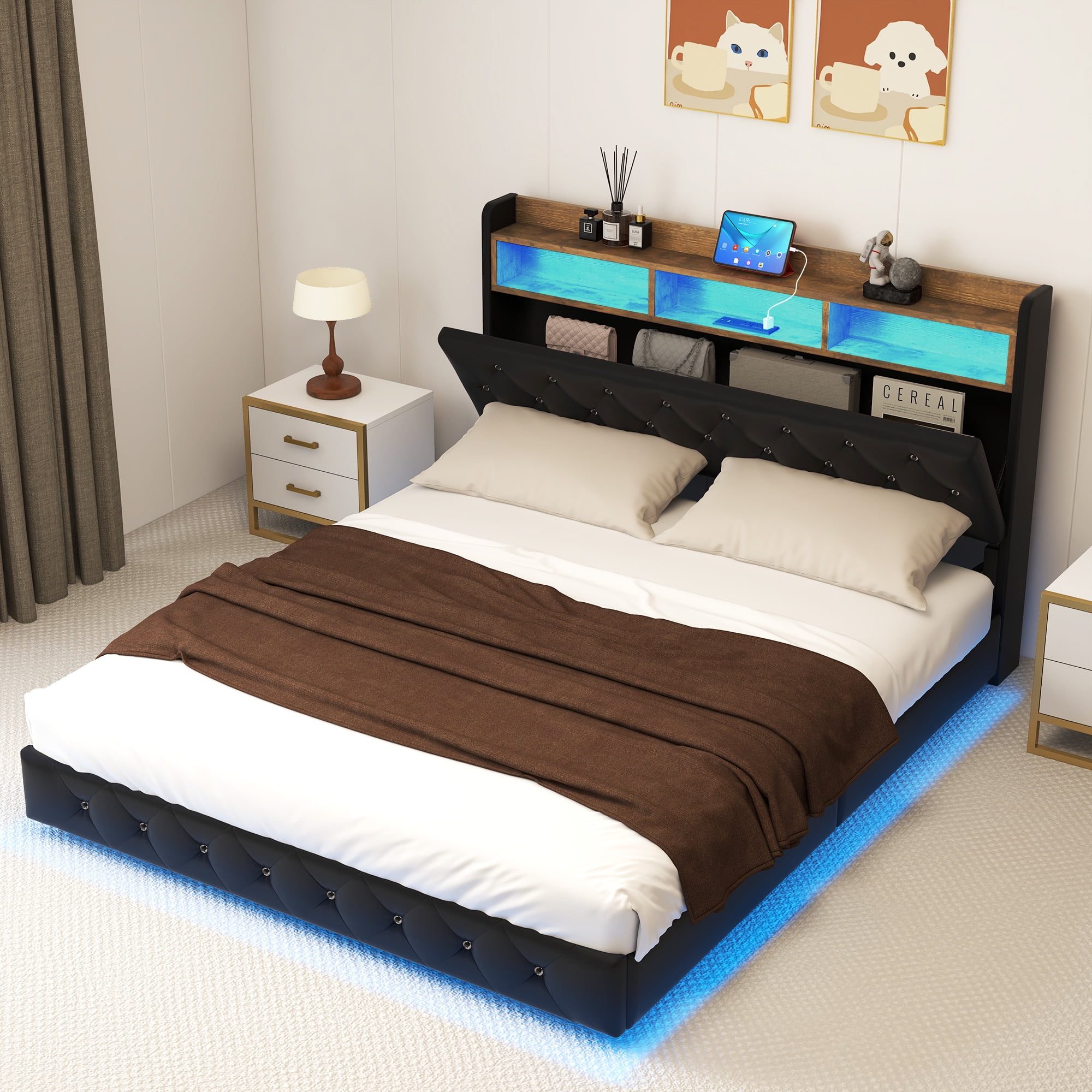 Uforic Queen Floating Bed Frame with RGB LED Lights, Crystal-Tufted ...