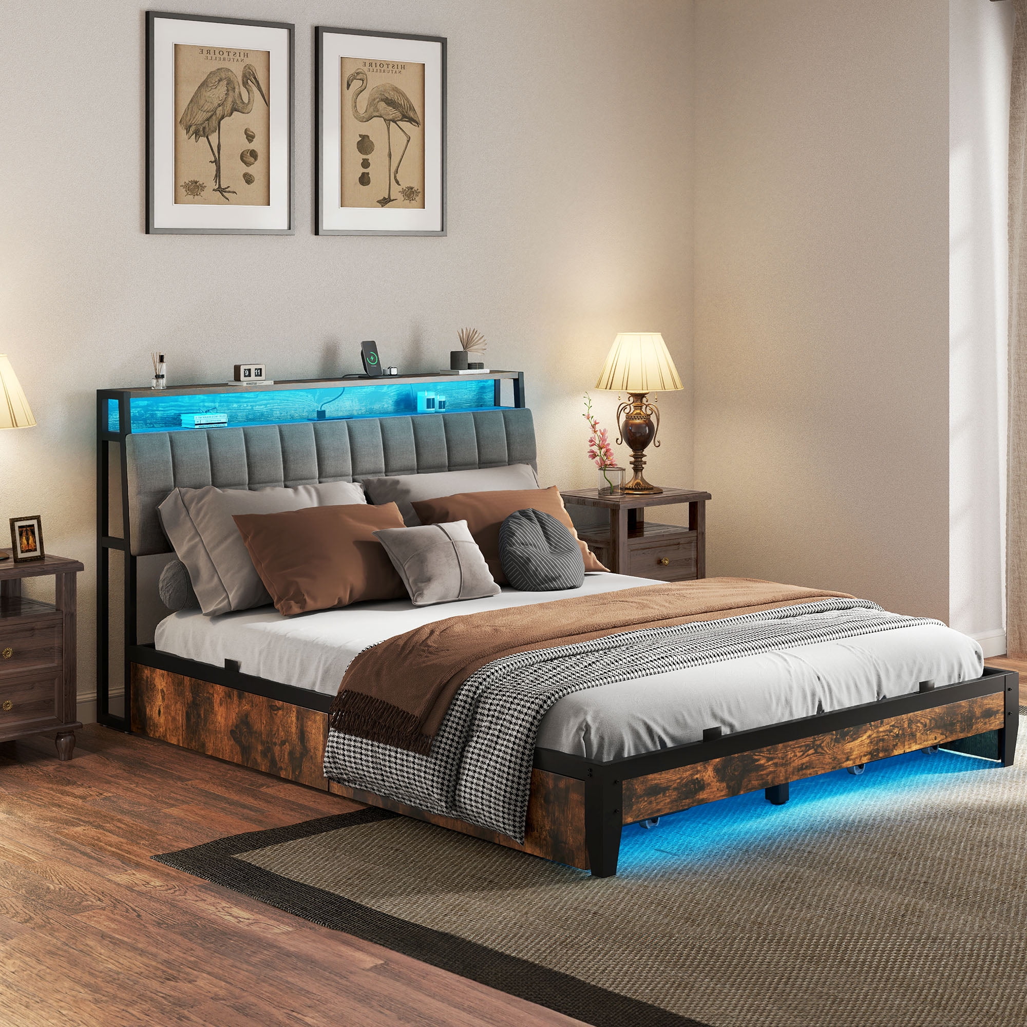 Uforic Queen LED Bed Frame wit 4 Storage Drawers, Upholstered Platform ...