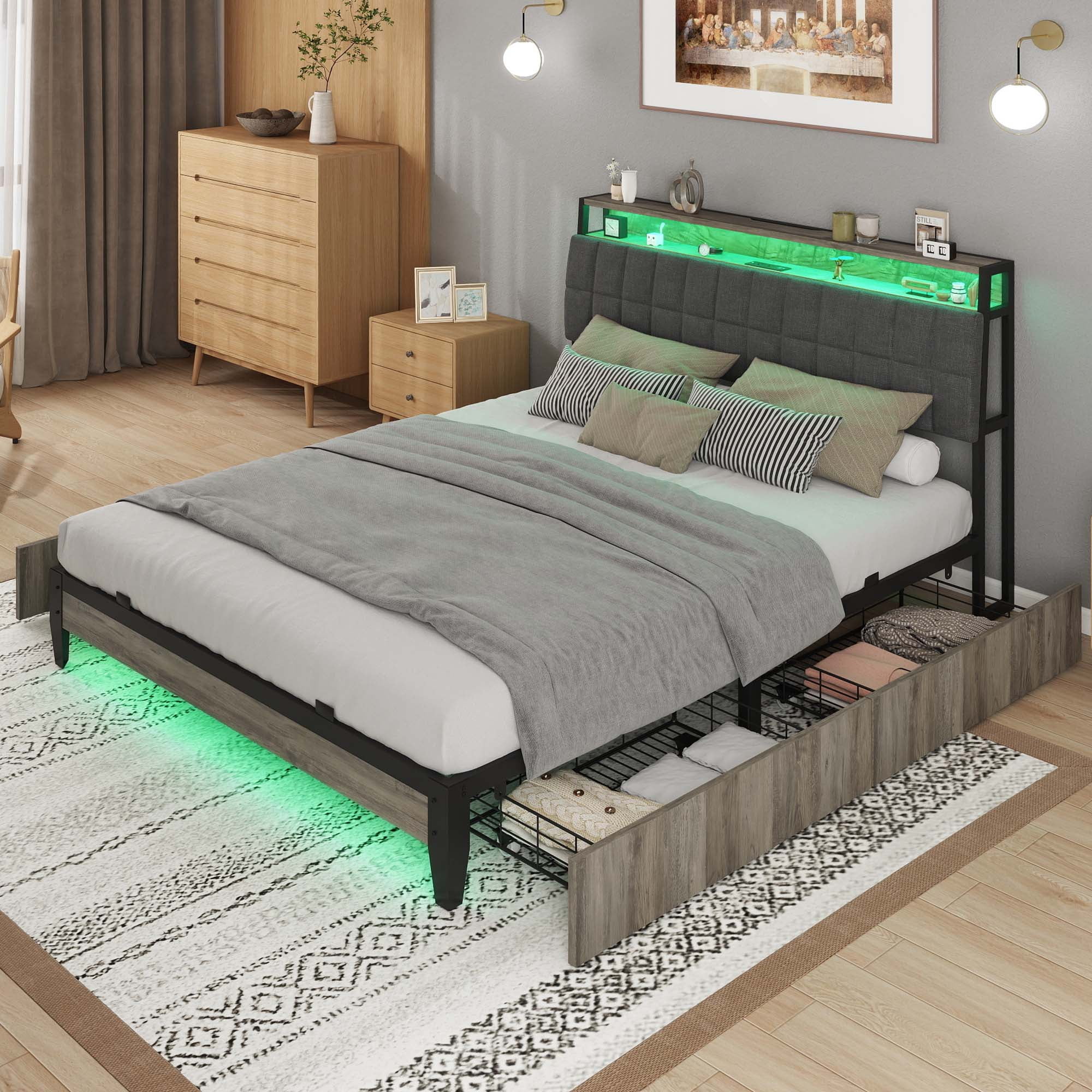 Free Shipping! Uforic Queen LED Bed Frame with Storage Drawers ...