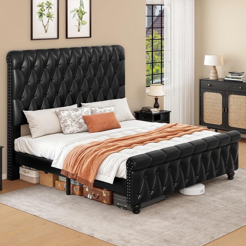 Uforic Queen PU Leather Bed Frame with Tall Headboard and Footboard ...