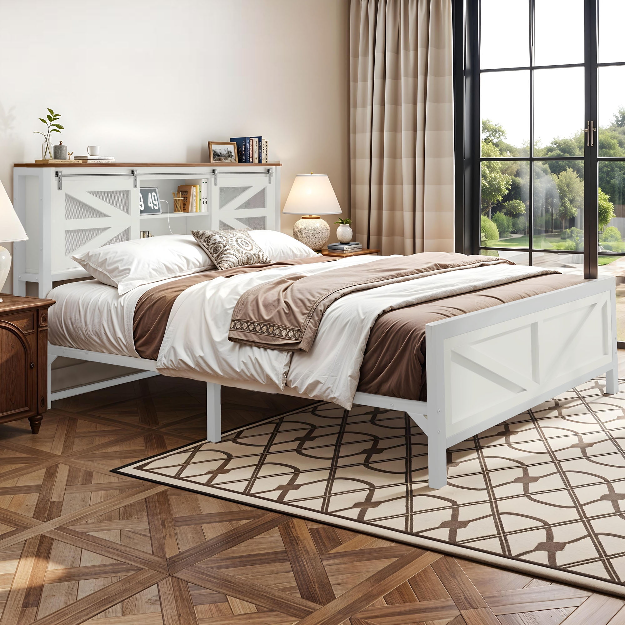 Uforic Queen Size Bed Frame with Steel Mesh Barn Door, Charging Plug ...