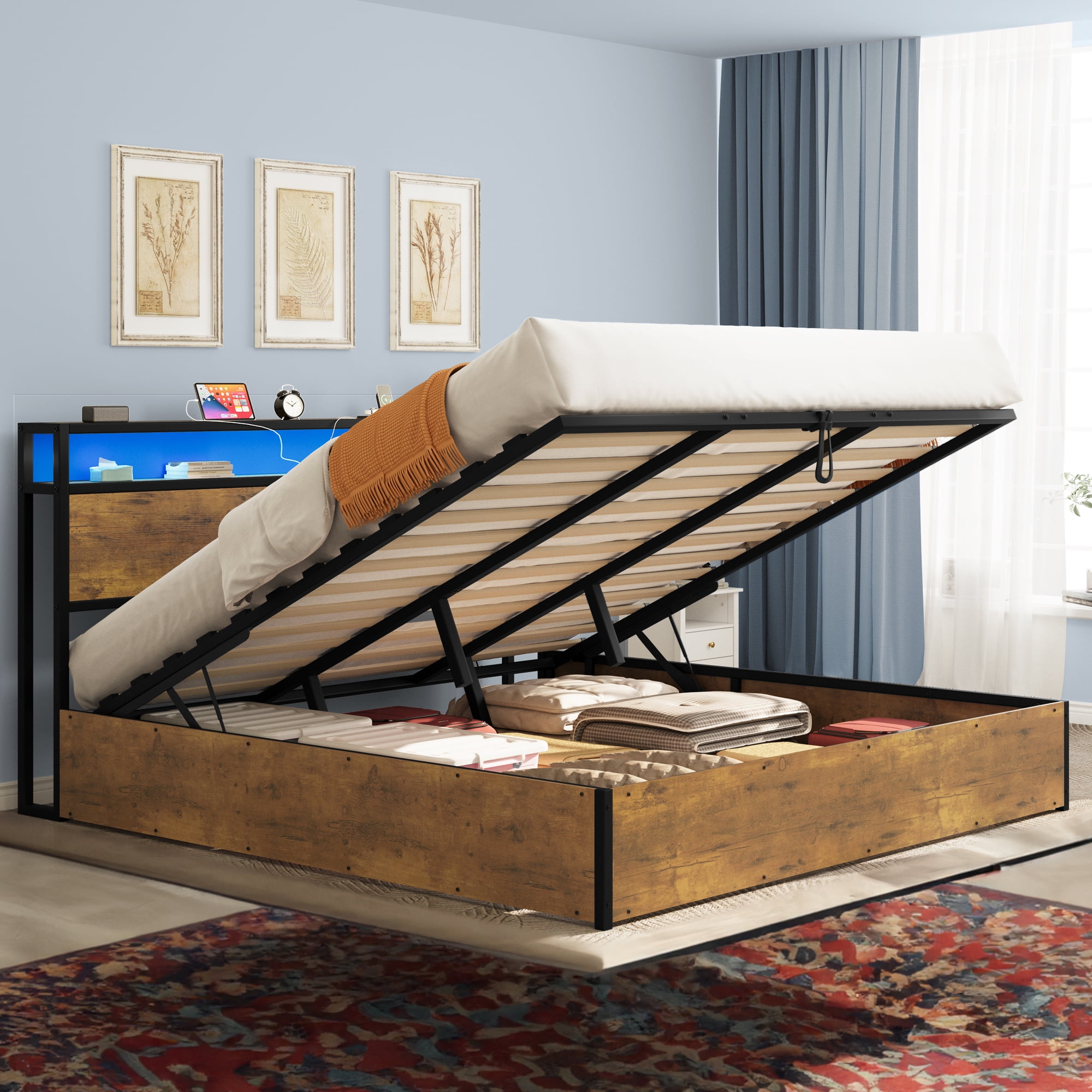 Uforic Queen Size Lift-Up Storage Bed Frame, Adjustable LED Lights ...