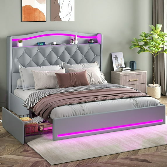 Uforic Queen Size Upholstered Bed Frame with Power Outlets & LED Lights ...
