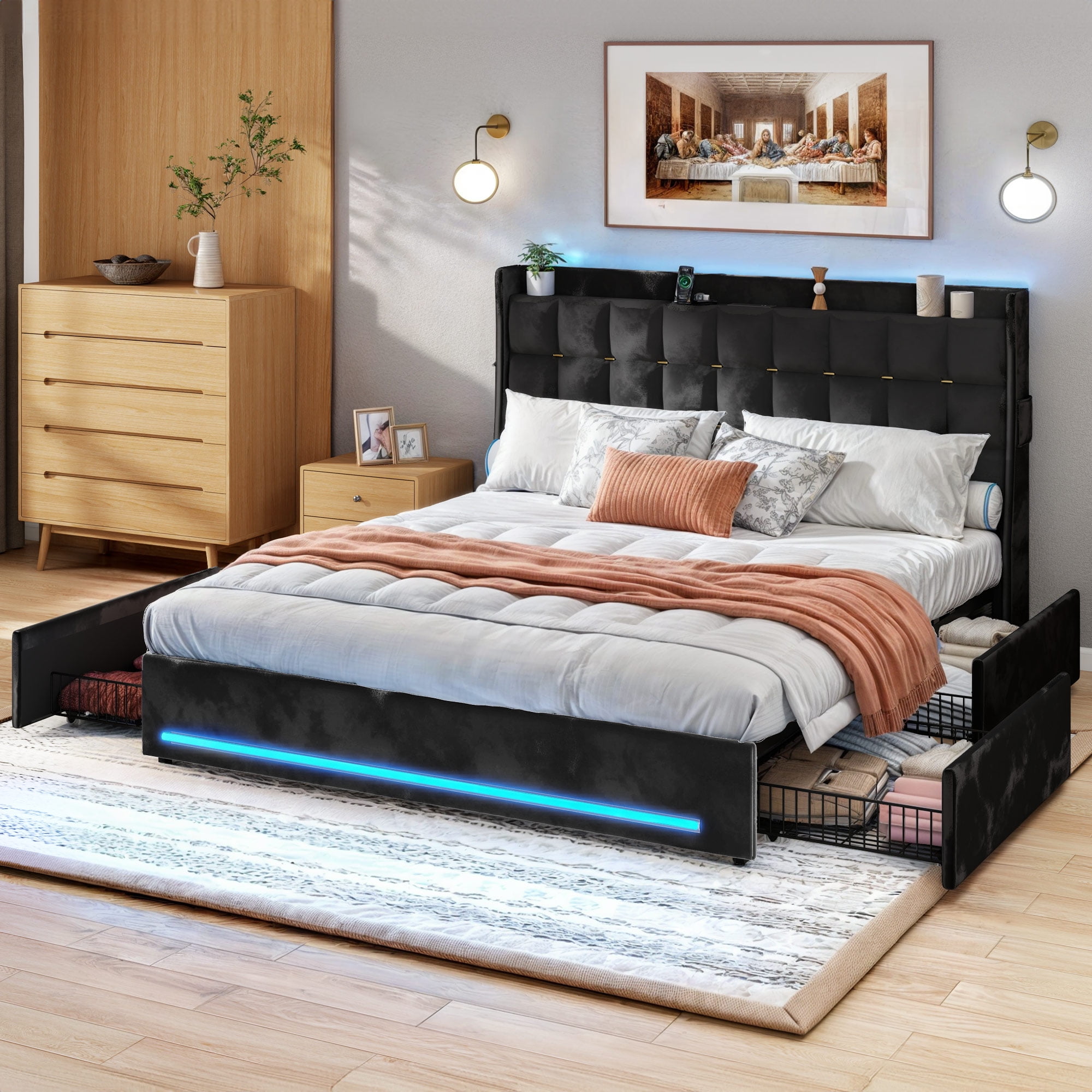 Uforic Queen Strorage Bed Frame with Charging Station, LED Velvet ...