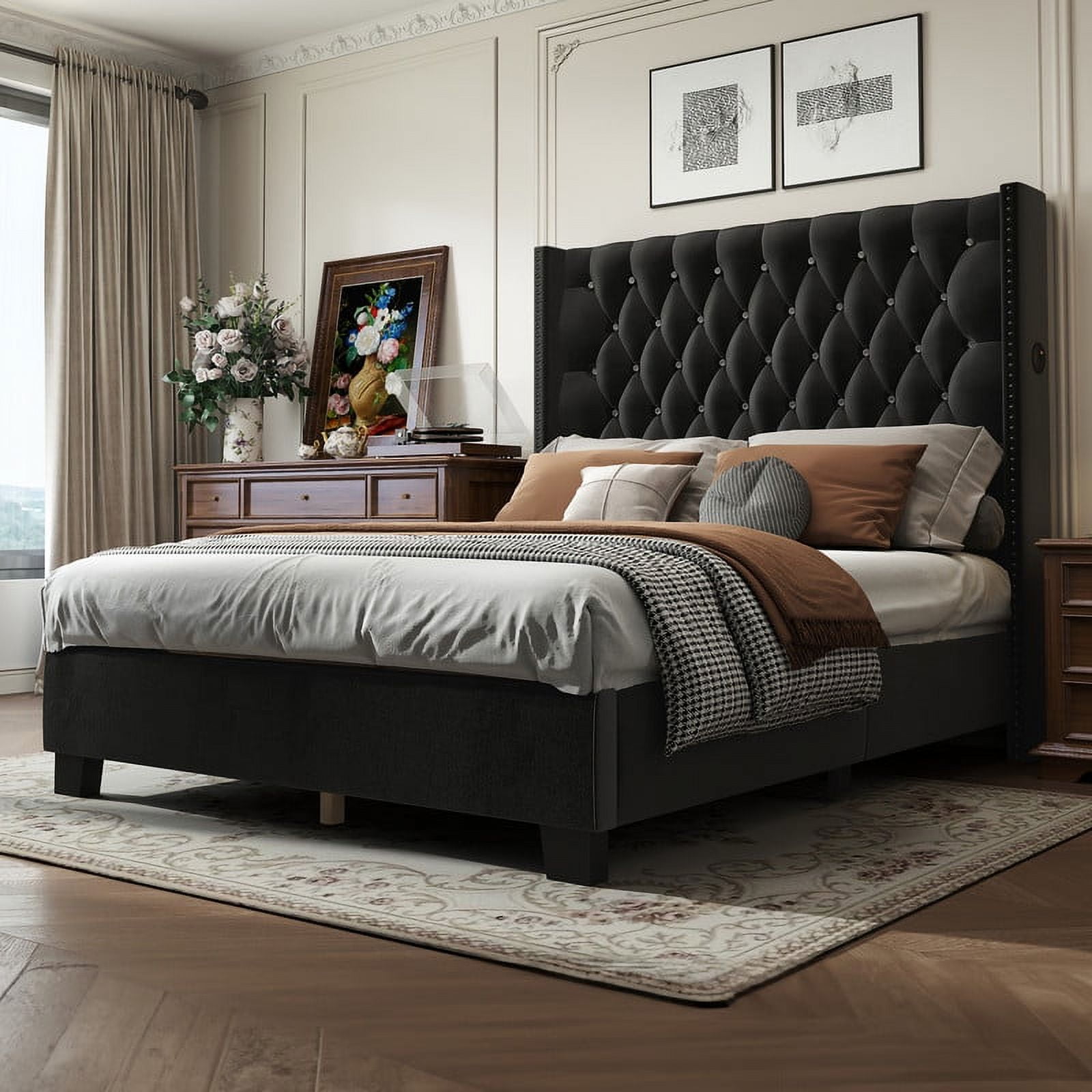 Uforic Queen Wingback Bed Frame with 58" Tall Headboard and Charging ...