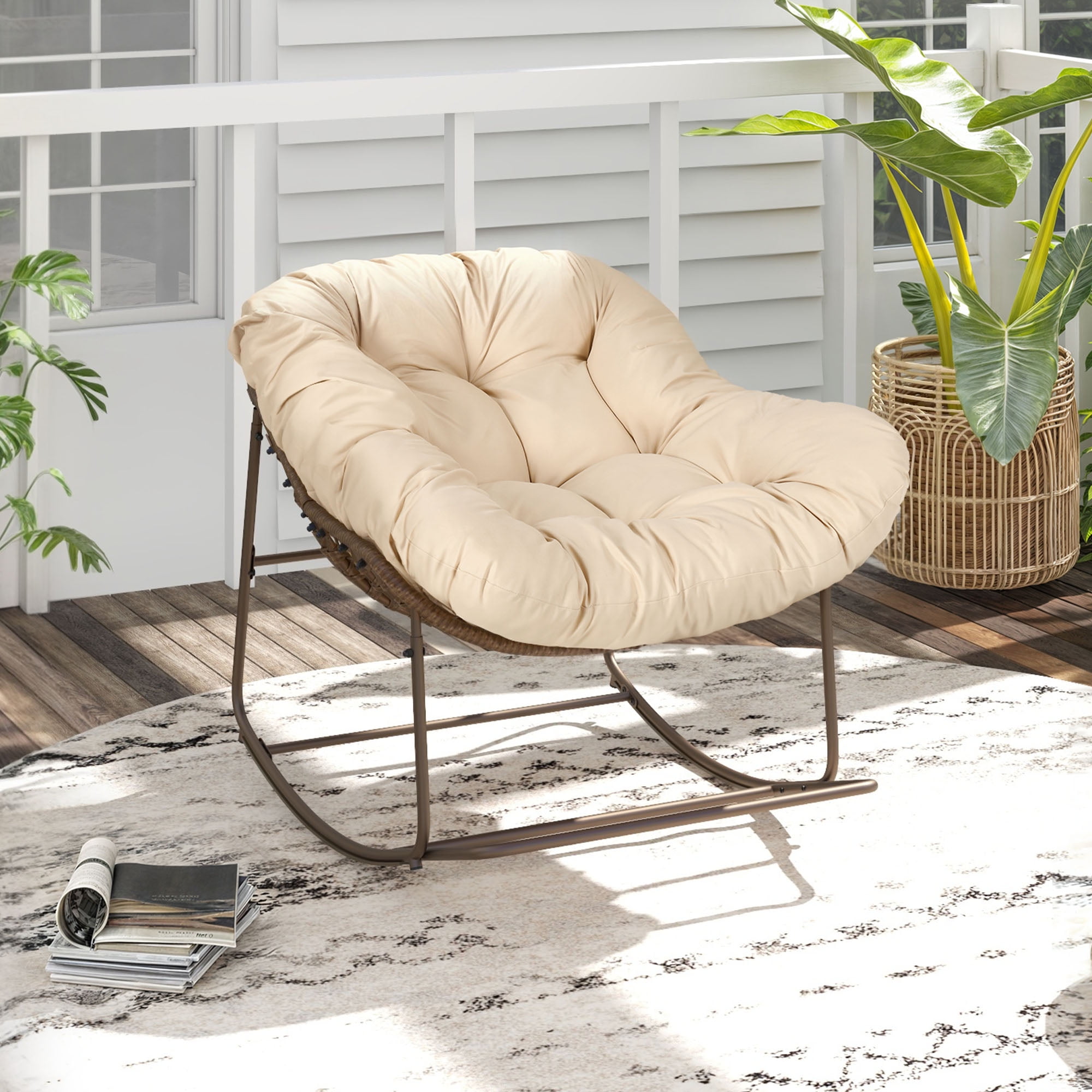 Uforic Rattan Rocking Egg Chair with Soft Beige Cushion for Patio ...