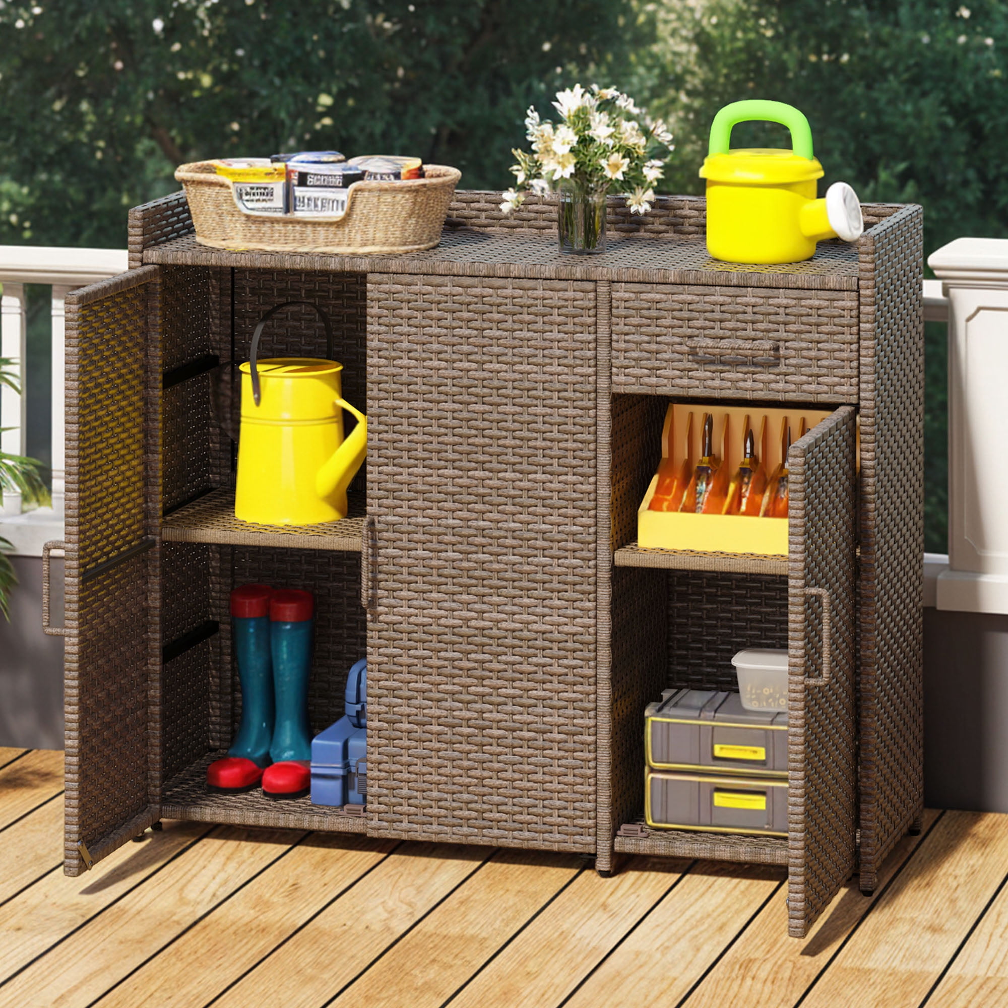 Uforic Rattan Wicker Patio Organizer Storage Cabinet, Weather-proof ...
