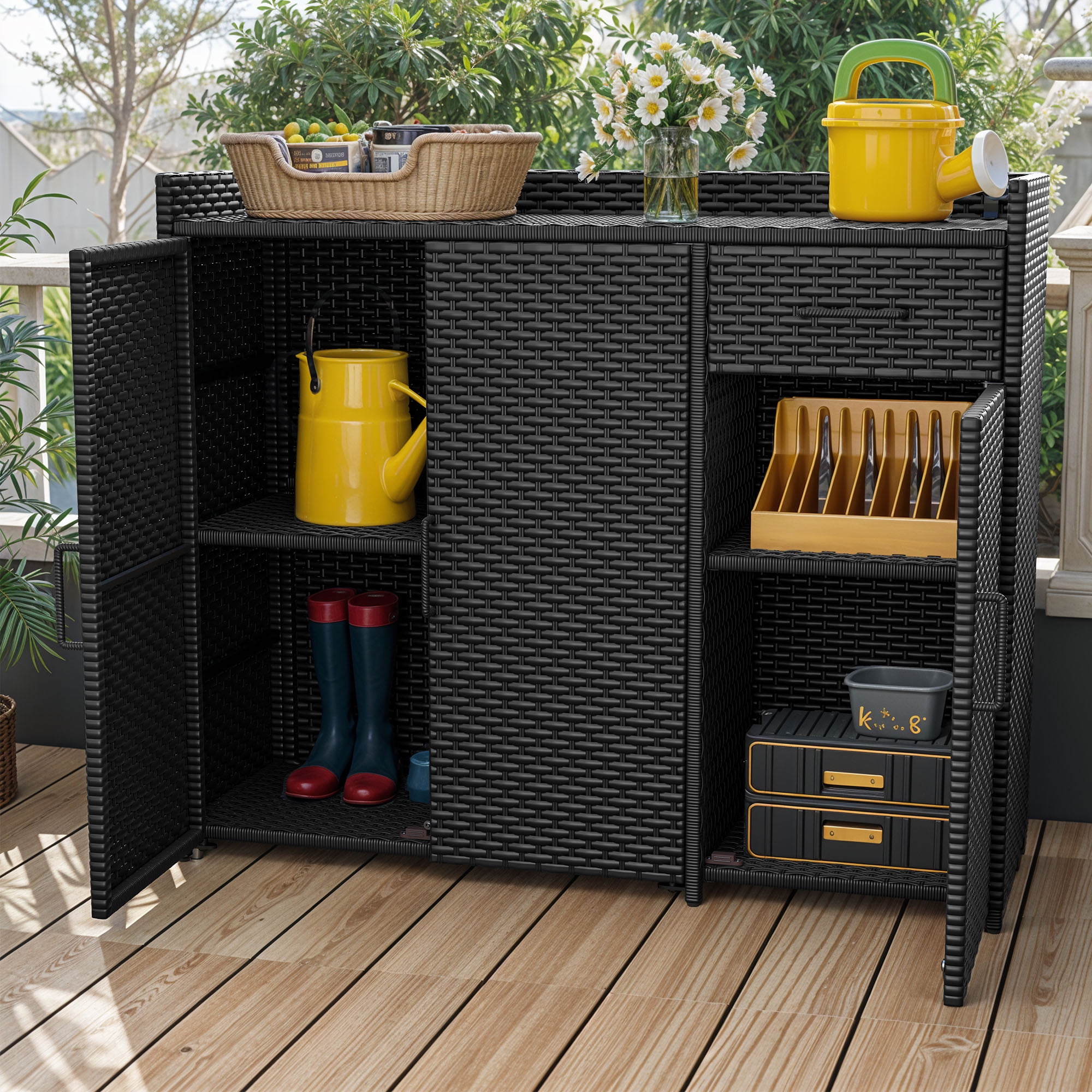 Uforic Rattan Wicker Patio Organizer Storage Cabinet, Weather-proof ...