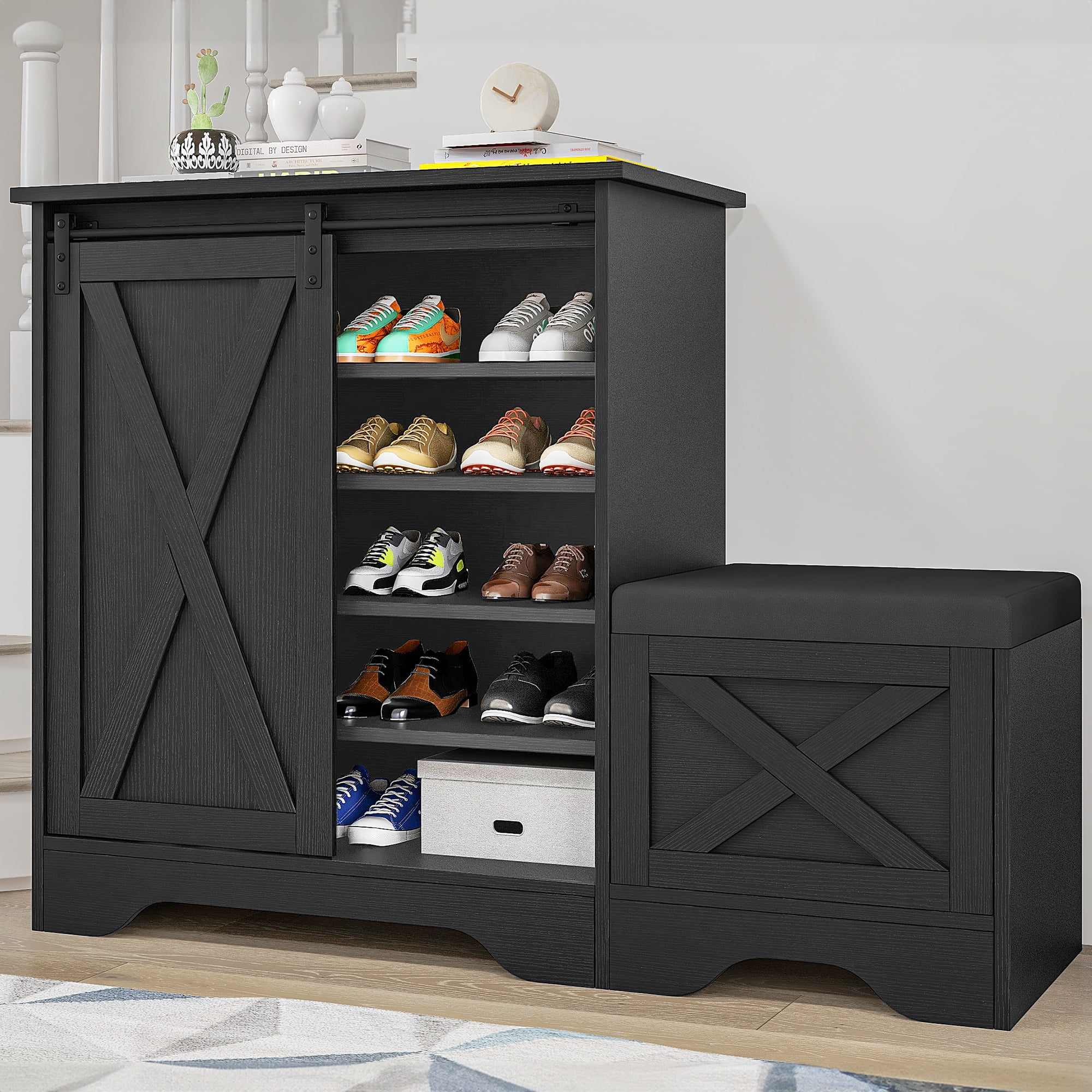 Uforic Shoe Cabinet with Sliding Door & Shoe Bench,Farmhouse Narrow ...