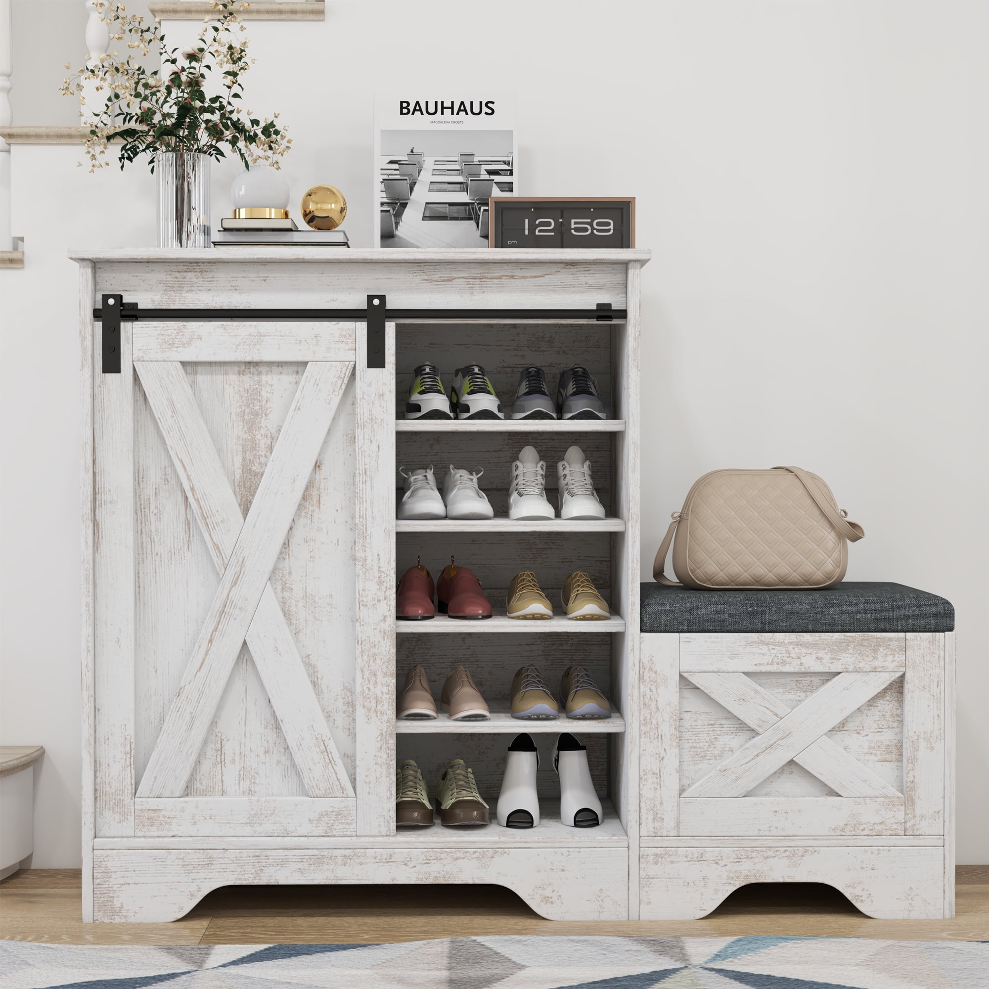 Uforic Shoe Cabinet with Sliding Door & Shoe Bench,Farmhouse Narrow ...