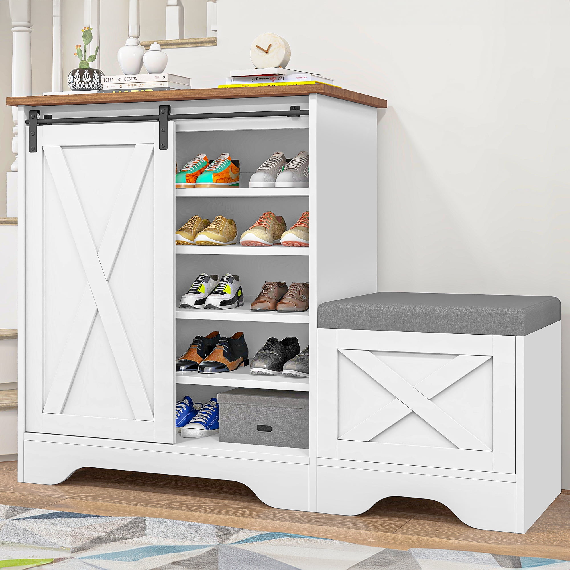 Uforic Slim Shoe Cabinet with Sliding Door and Bench Storage, 5-Tier ...