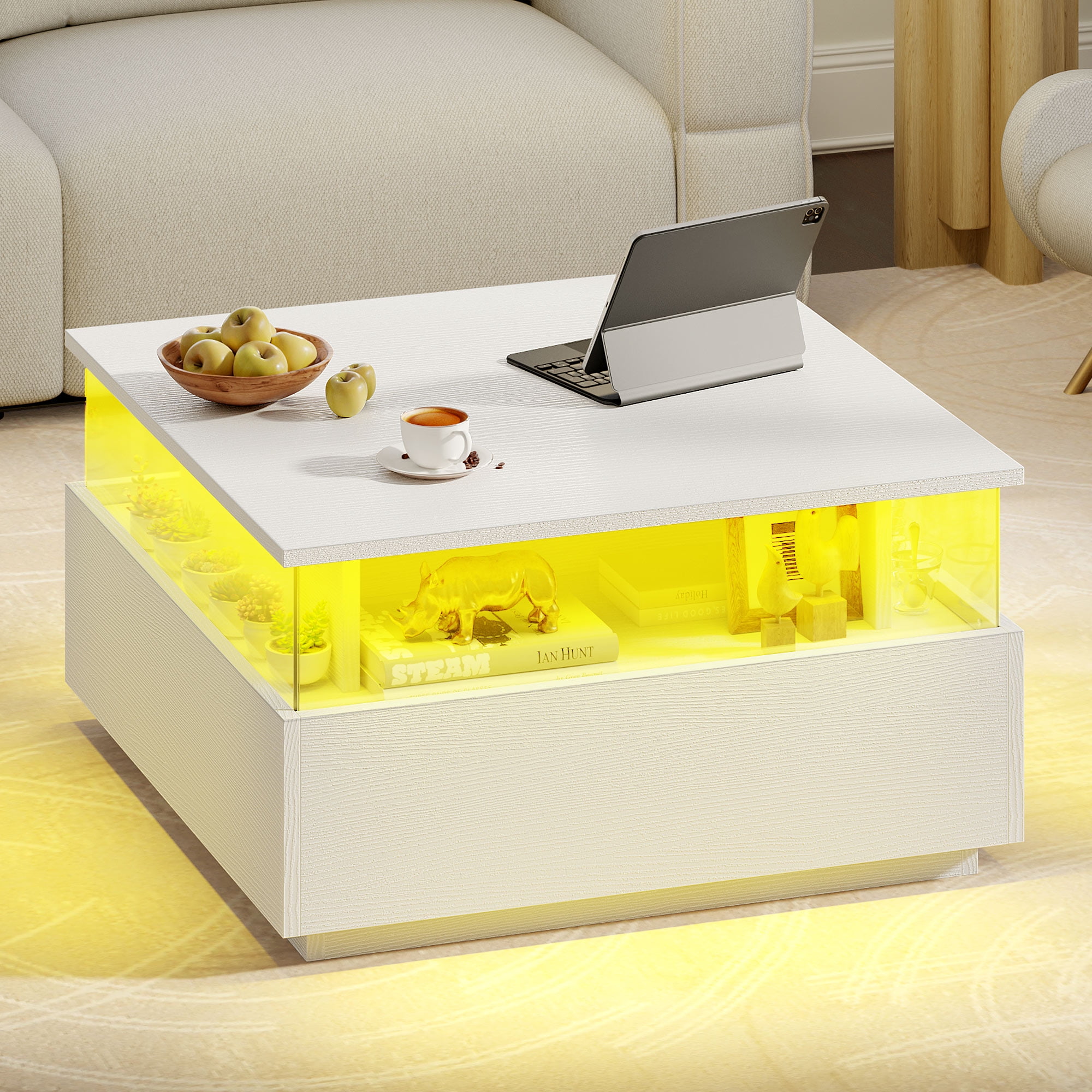 Uforic Square LED Coffee Table with 4 Drawers, Acrylic Living Room ...