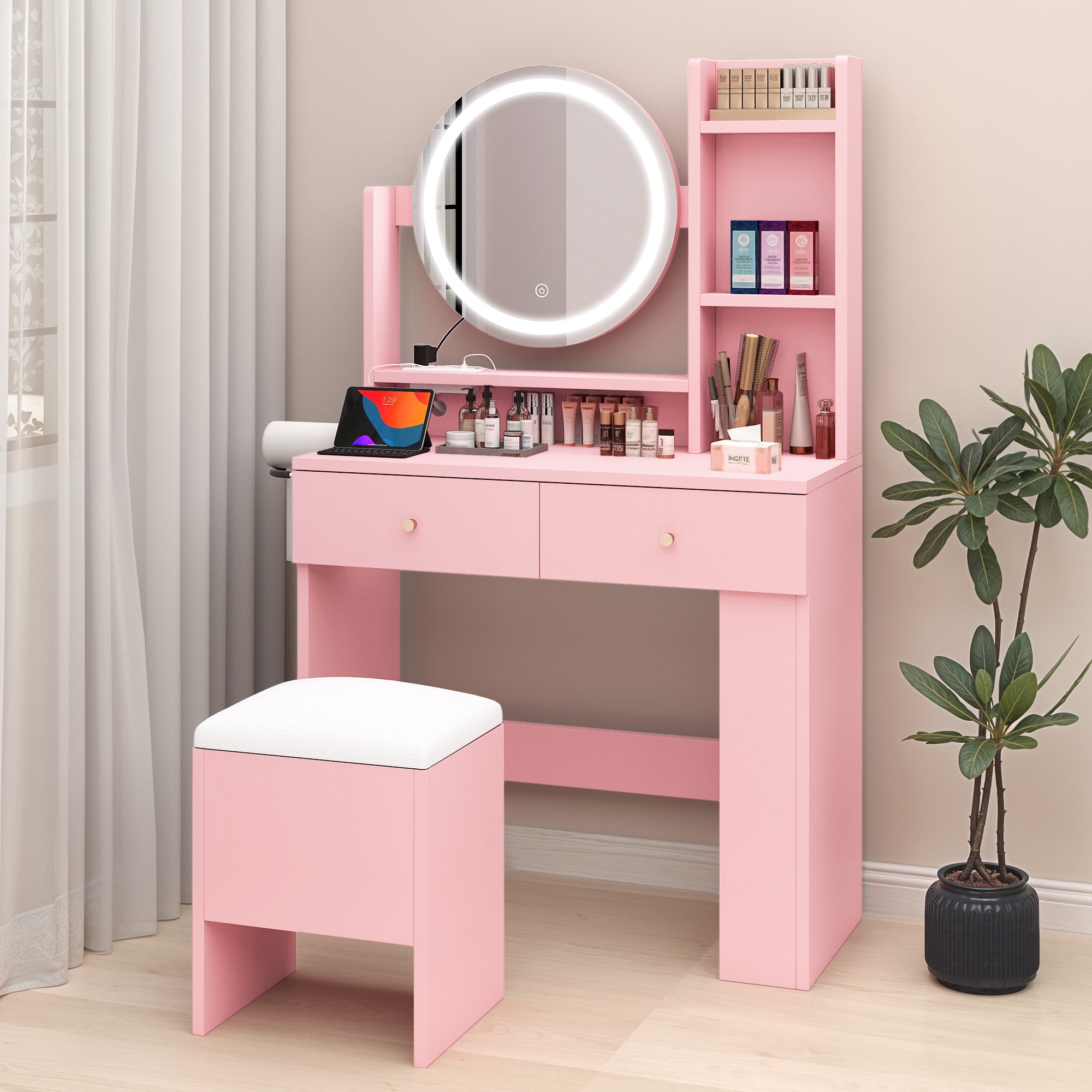 Uforic Vanity Desk Set with LED Light Mirror & Power Outlet, Makeup ...
