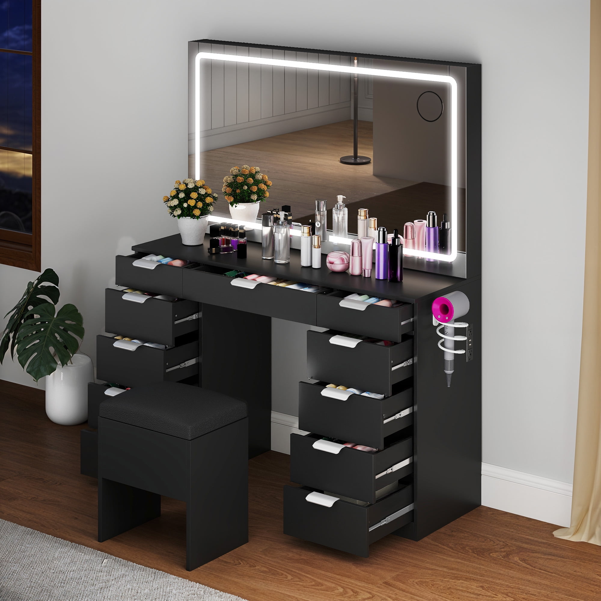 Uforic Vanity Desk with Mirror, 11 Drawers, Hair Dryer Holder, Storage ...