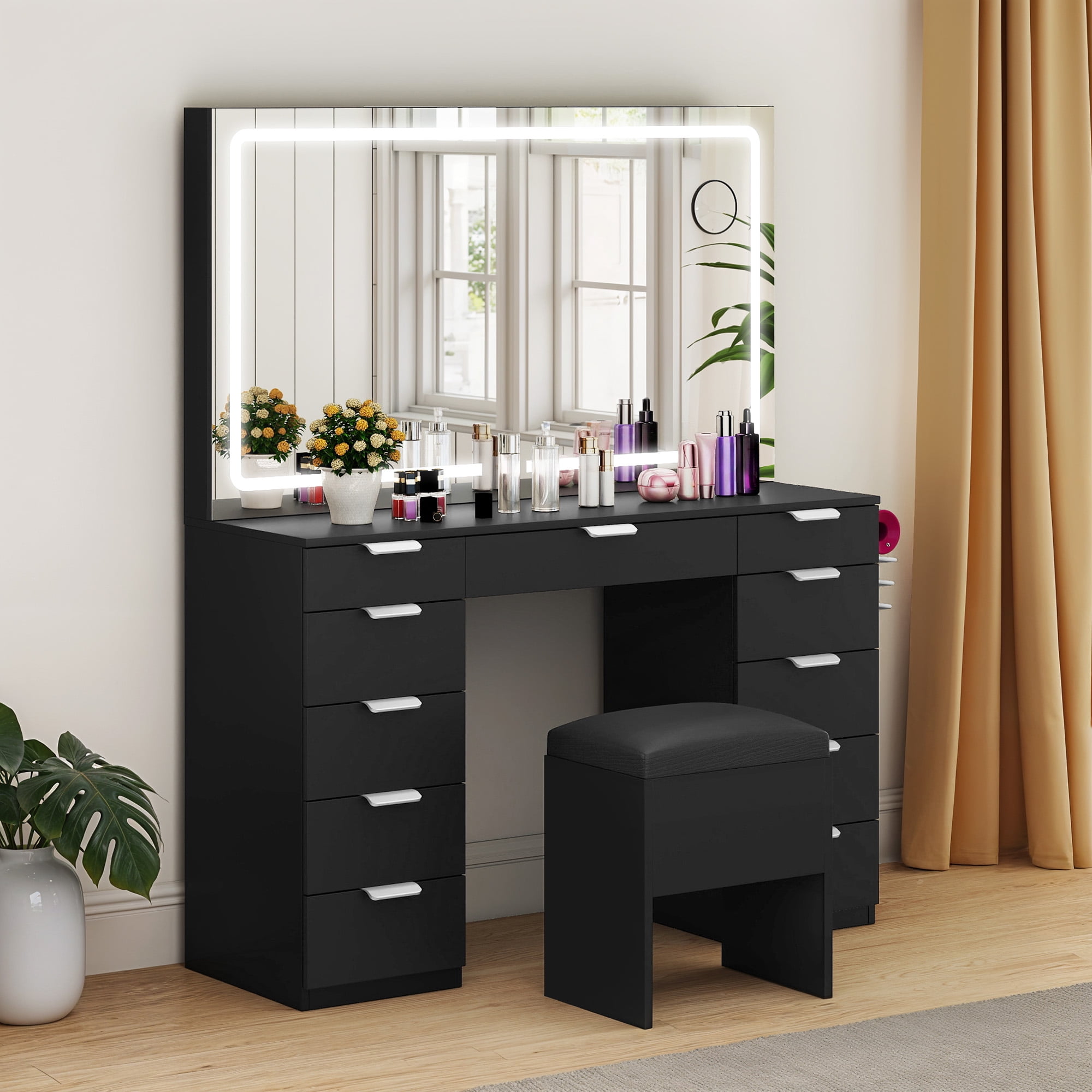 Uforic Vanity Desk with Mirror, 11 Drawers, Hair Dryer Holder, Storage ...