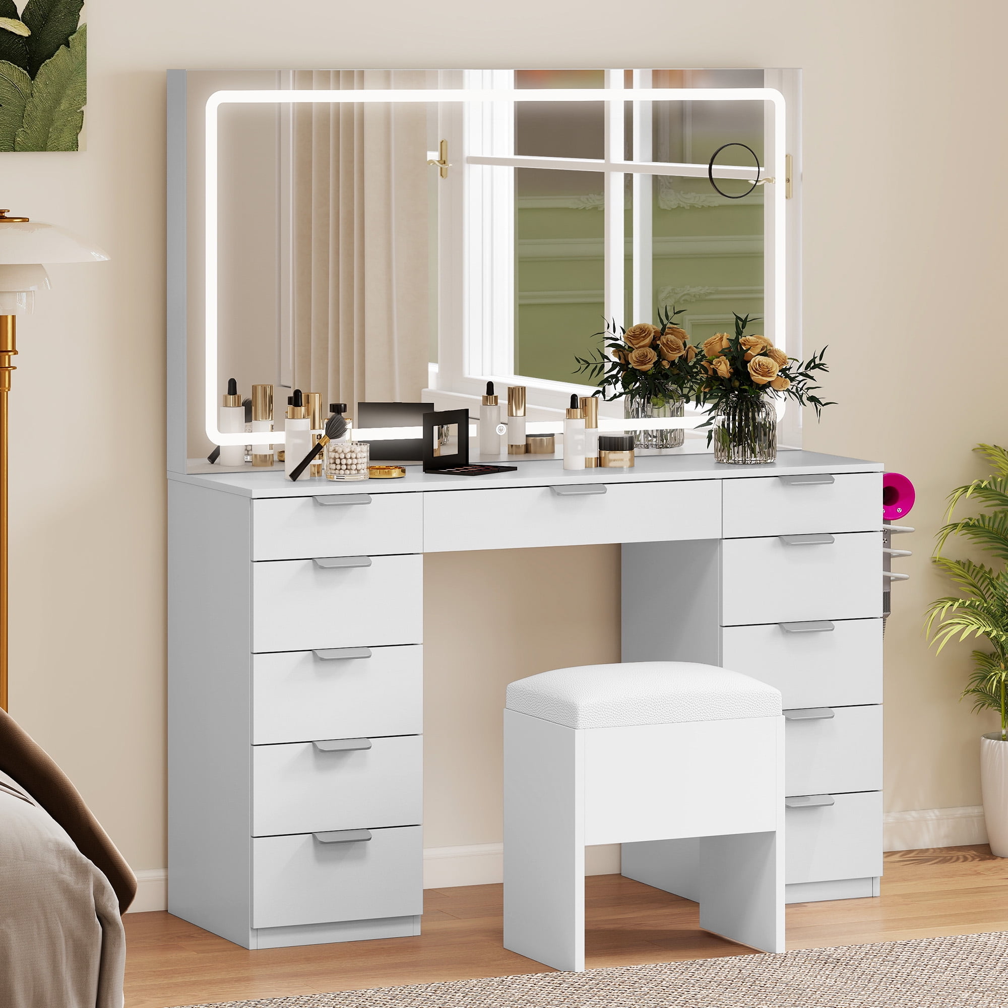 Uforic Vanity Desk with Mirror, 11 Drawers, Hair Dryer Holder, Storage ...