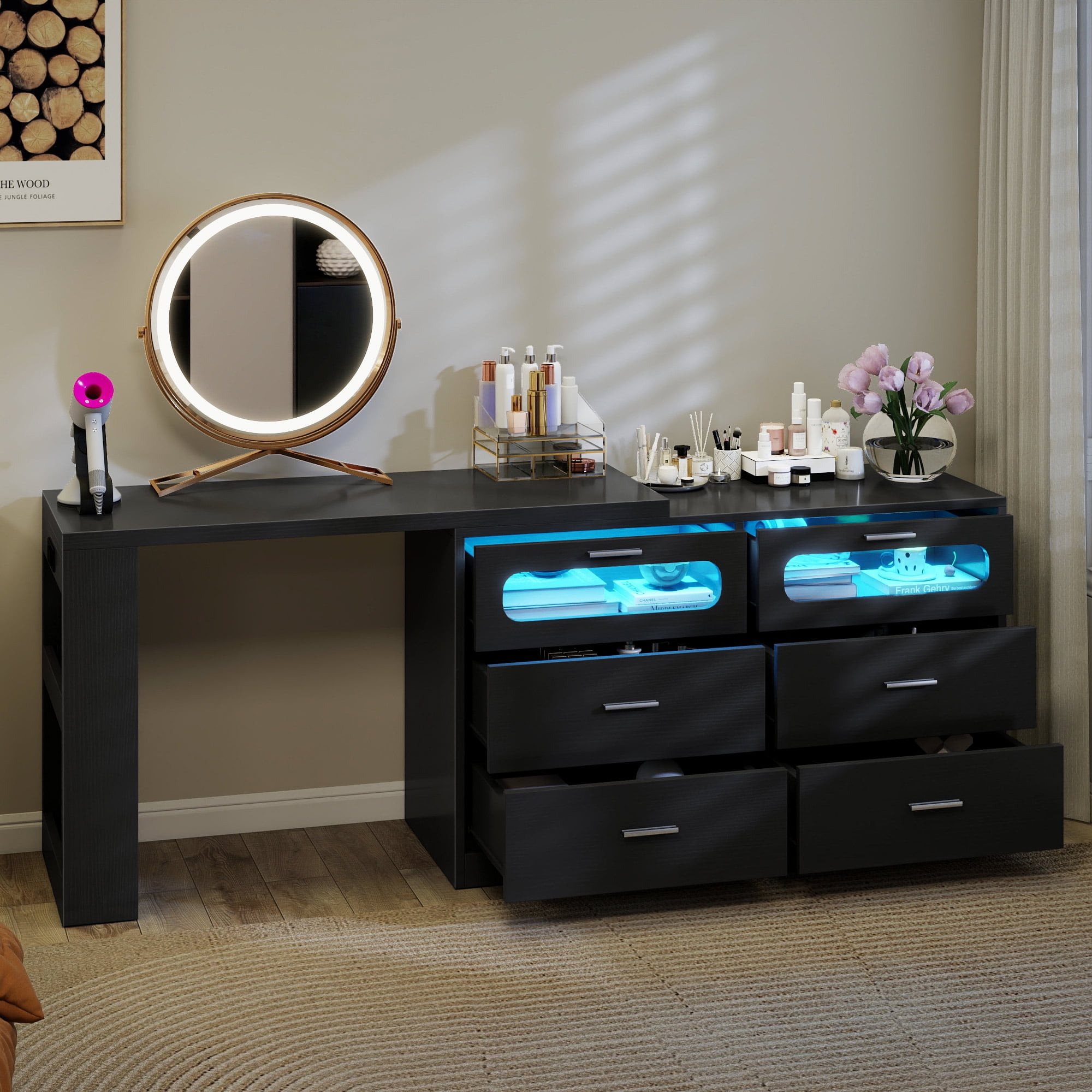 Uforic Vanity Desk with Power Outlets & Storage, Vanity Table with LED ...