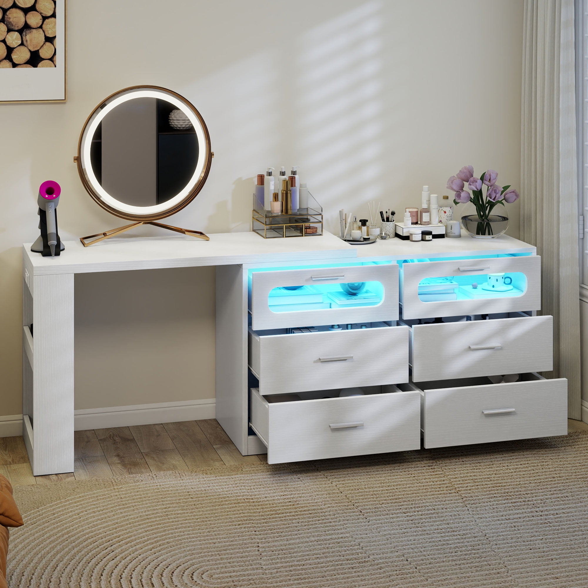 Uforic Vanity Desk with Power Outlets & Storage, Vanity Table with LED ...