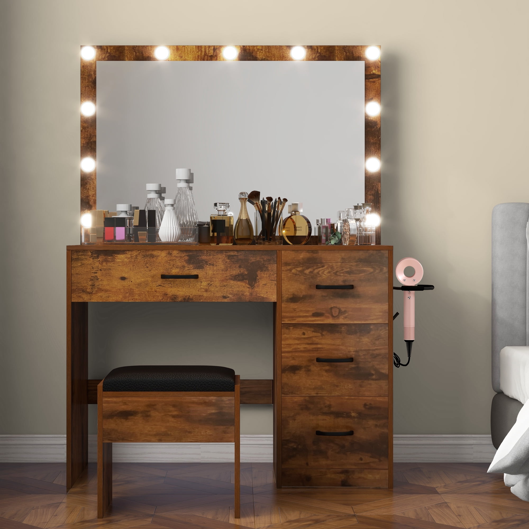 Uforic Vintage Brown Cosmetic Dressing Table with Illuminated Mirror ...