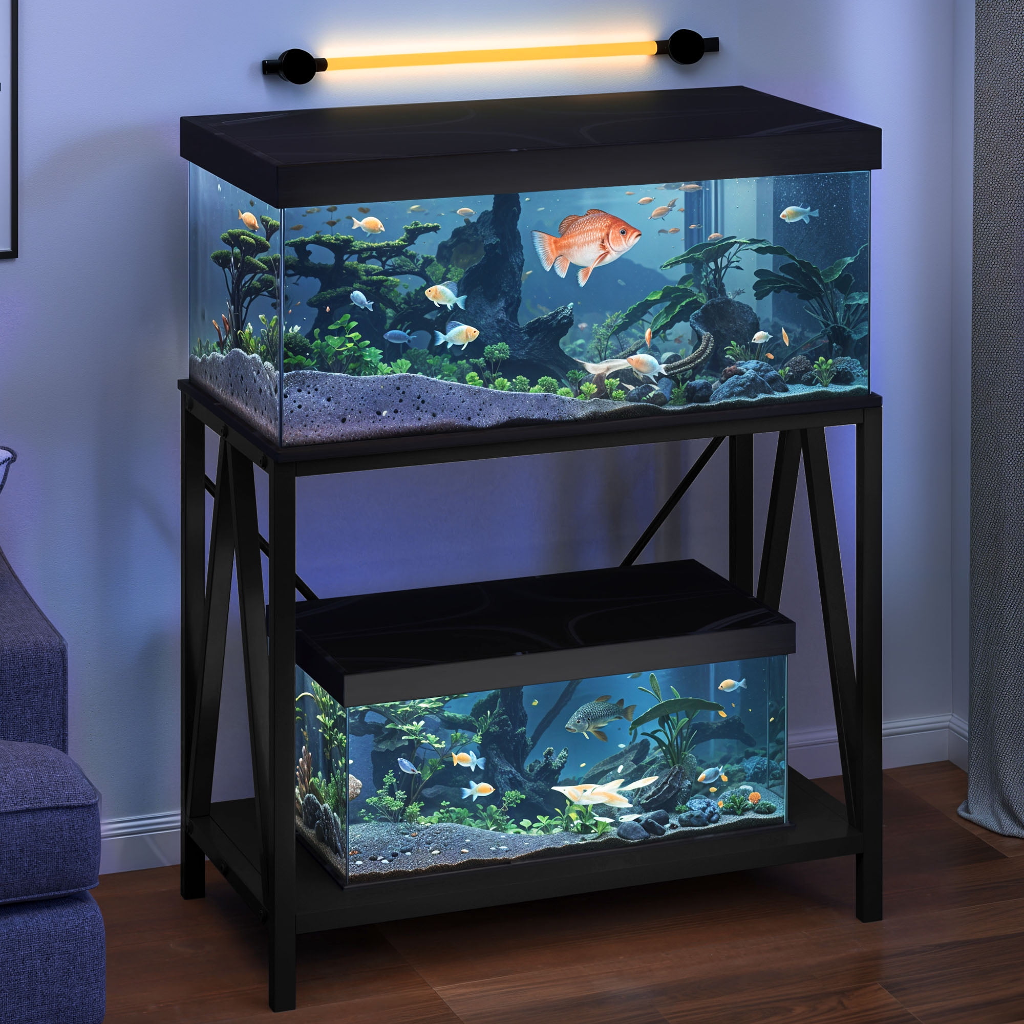 Uforic W-Shape 10-40 Gallon Double-Layer Storage Metal Fish Tank Stand ...