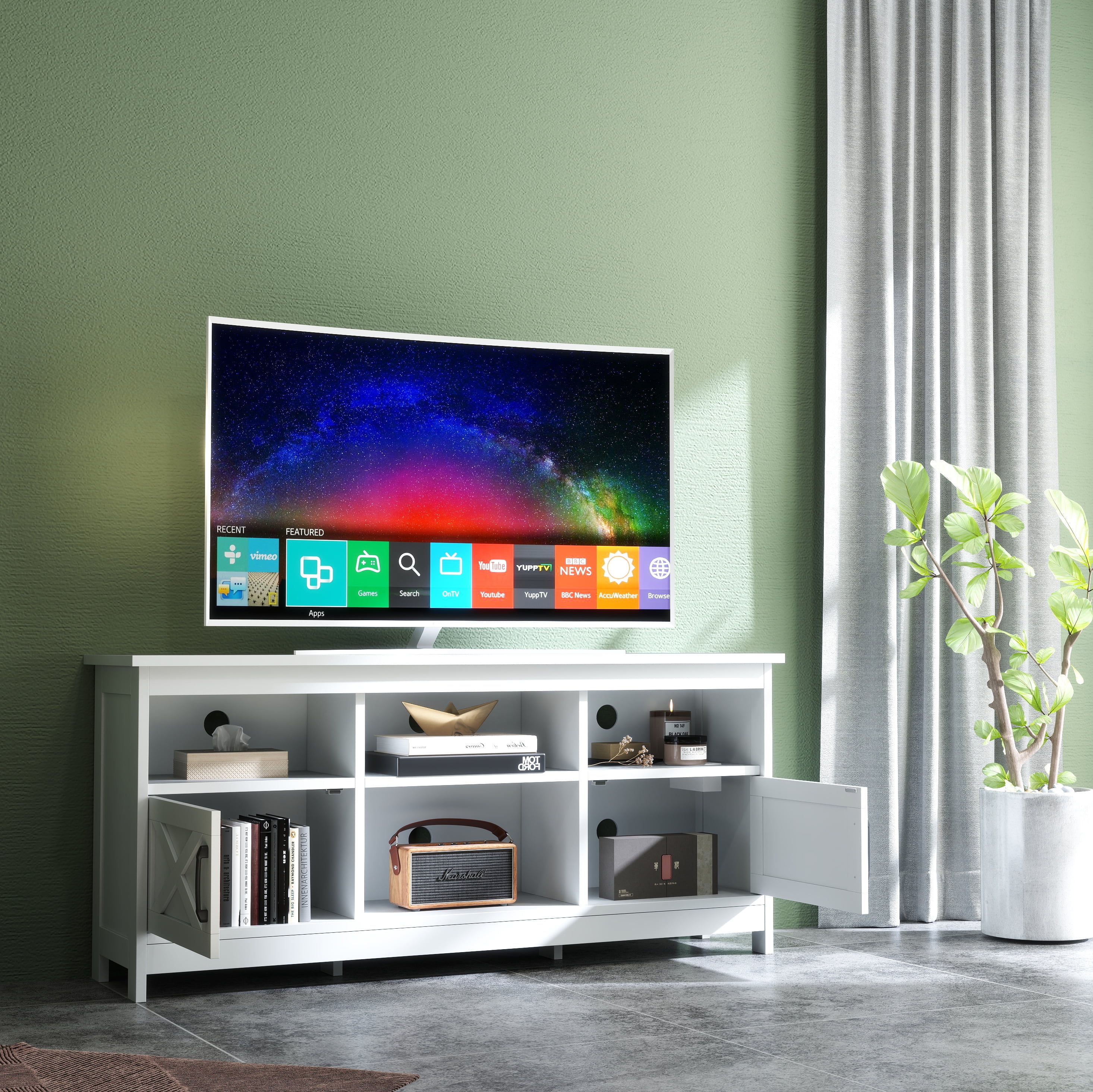 Uforic White Farmhouse 59" TV Stand for 65" TVs, LED Entertainment Center with Storage, 24-Color ...