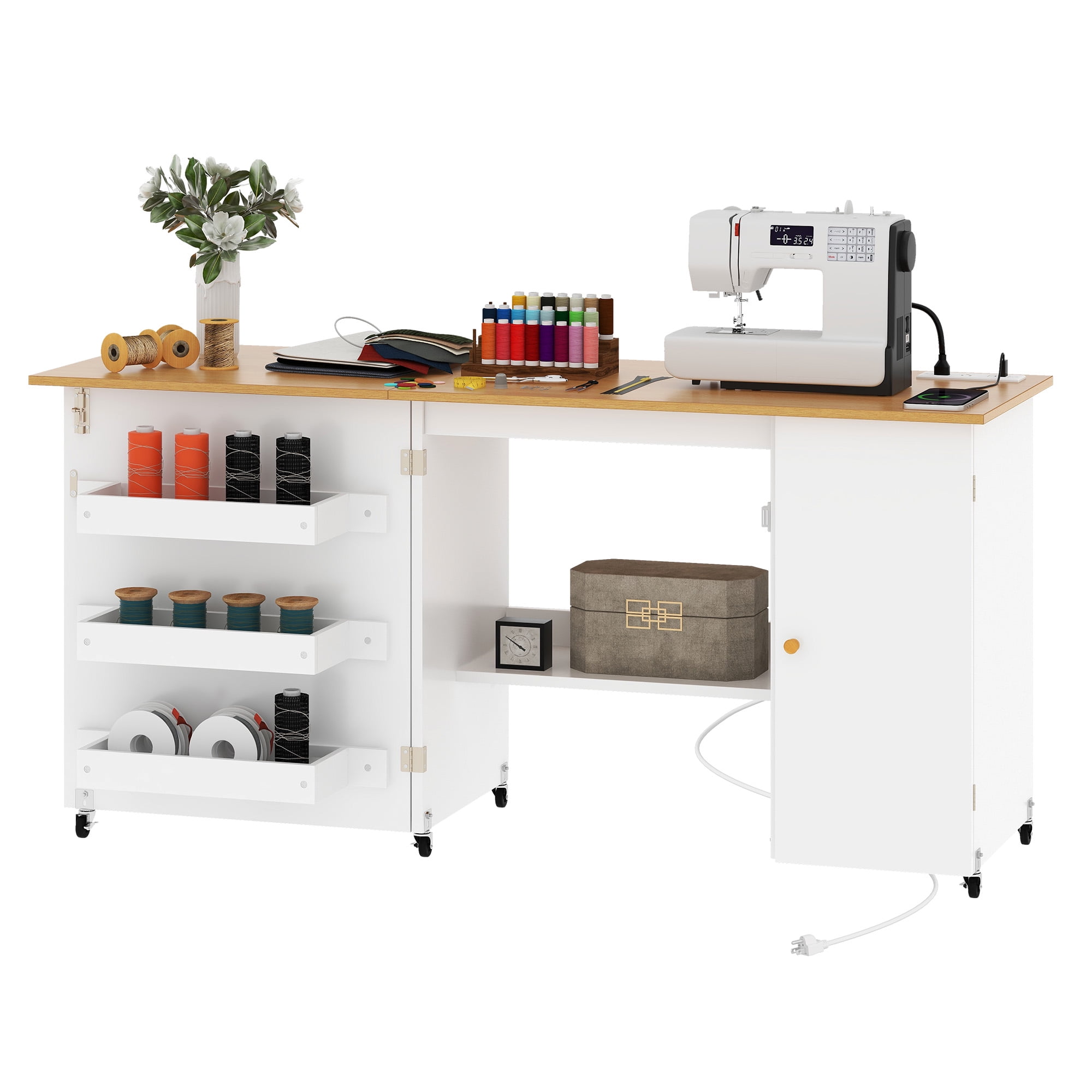 Uforic White Folding Sewing Craft Table with Storage Shelves Cabinet ...