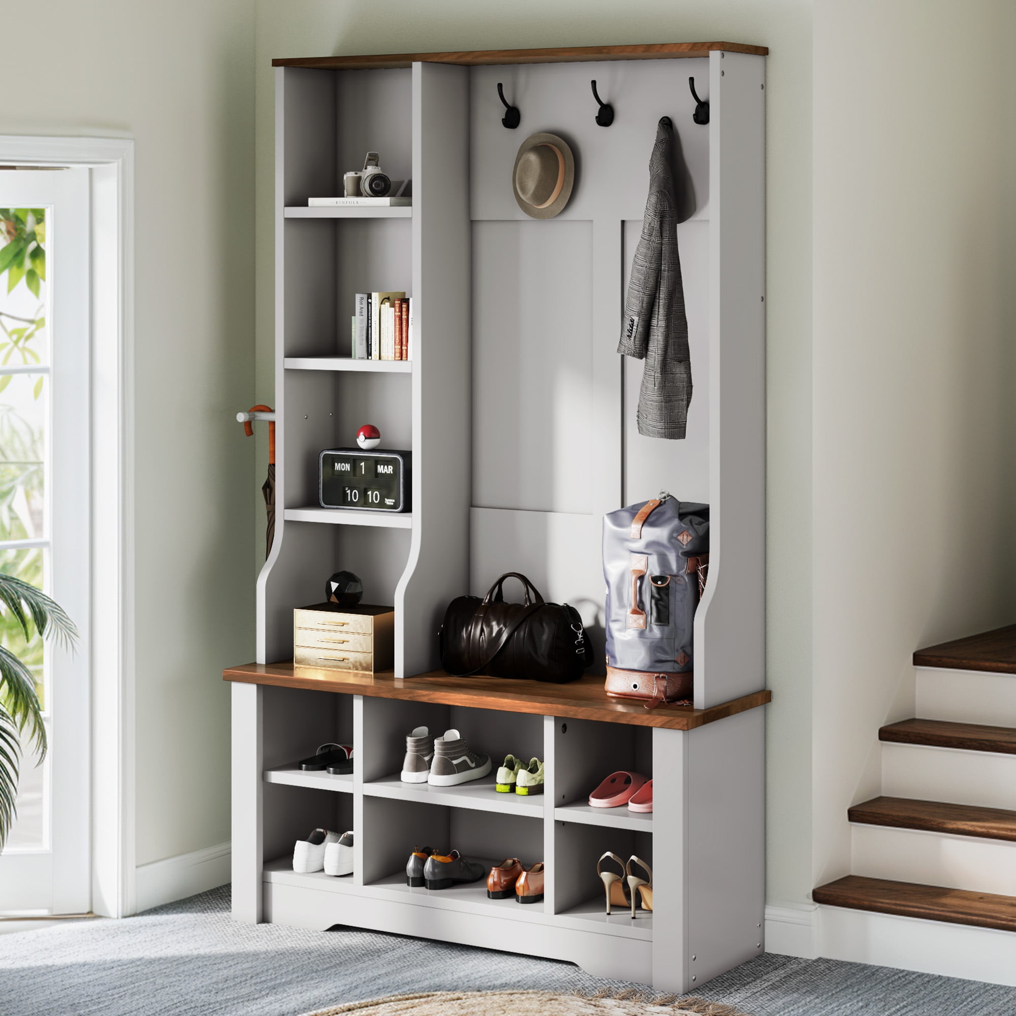 Uforic White Hall Tree with Shoe Storage, Coat Rack with Bench for ...