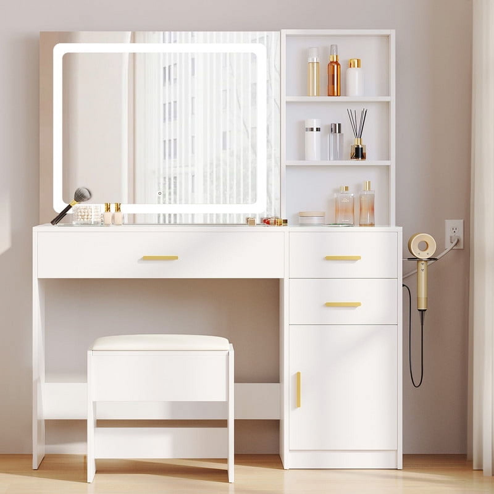 Uforic White Vanity Desk Set with Power Outlet & LED Light, Makeup ...