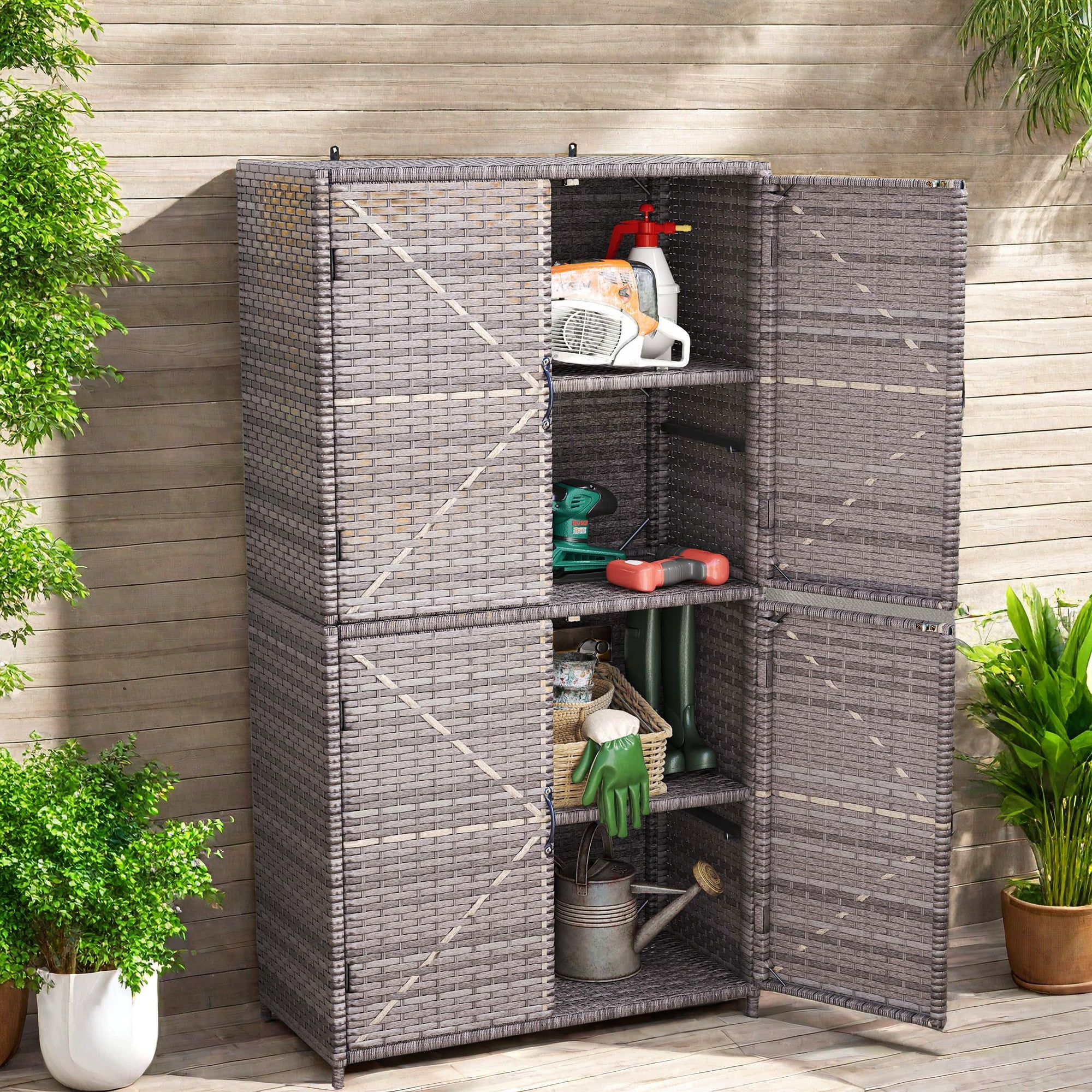 Uforic Wicker Outdoor Storage Shed, Brown Patio Storage Cabinet with ...