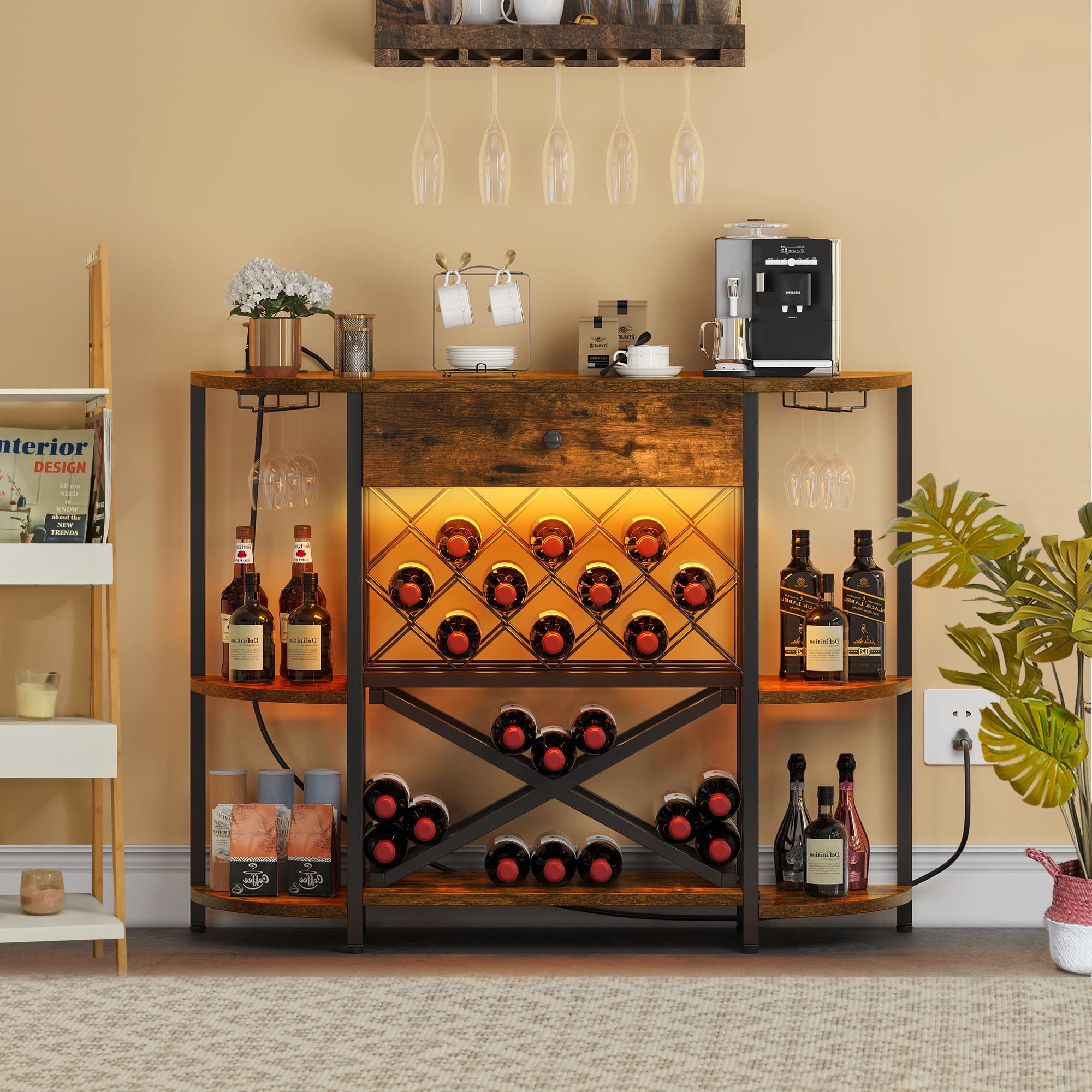 Uforic Wine Cabinet with Power Outlets & LED Lights, Bar Cabinet with ...