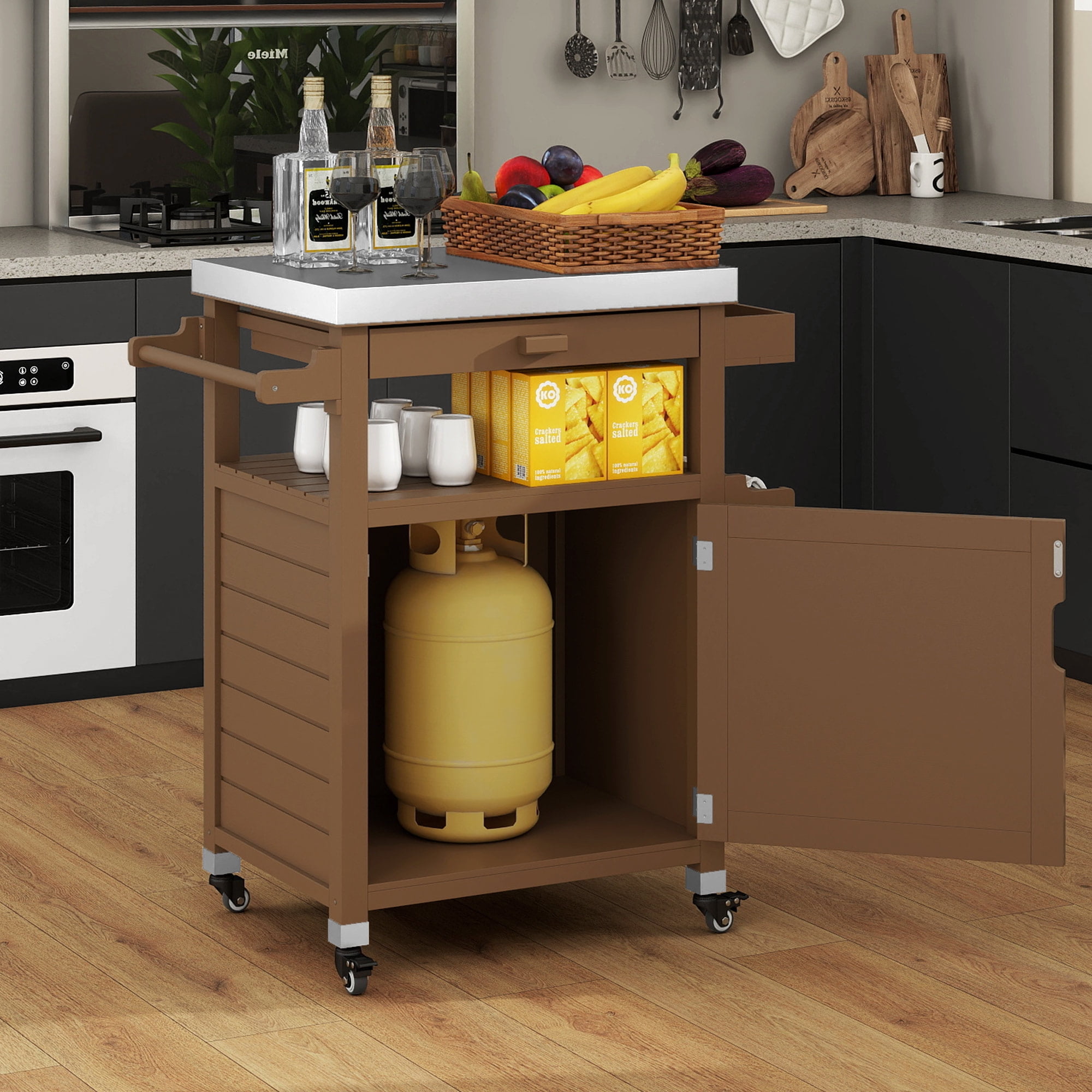 Uforic Wood Kitchen Storage Cart with Stainless Steel Top, Grill Cart ...