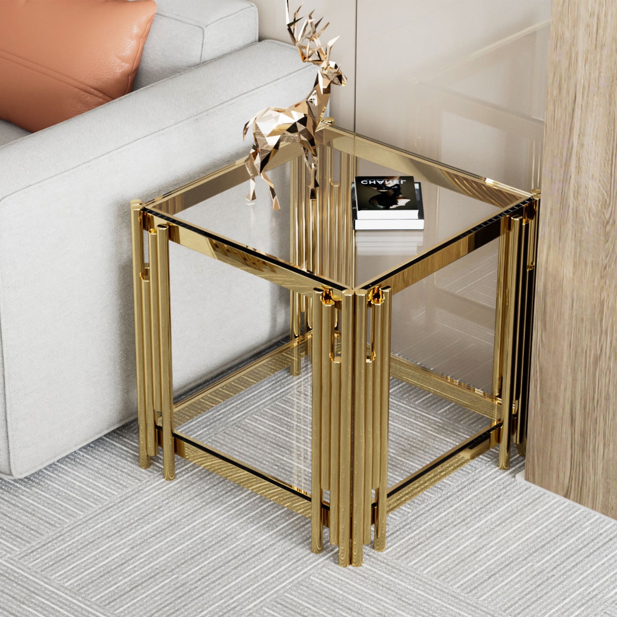 Ufurpie 19.69" Modern 2-Tier Side Table with Clear Tempered Glass ...