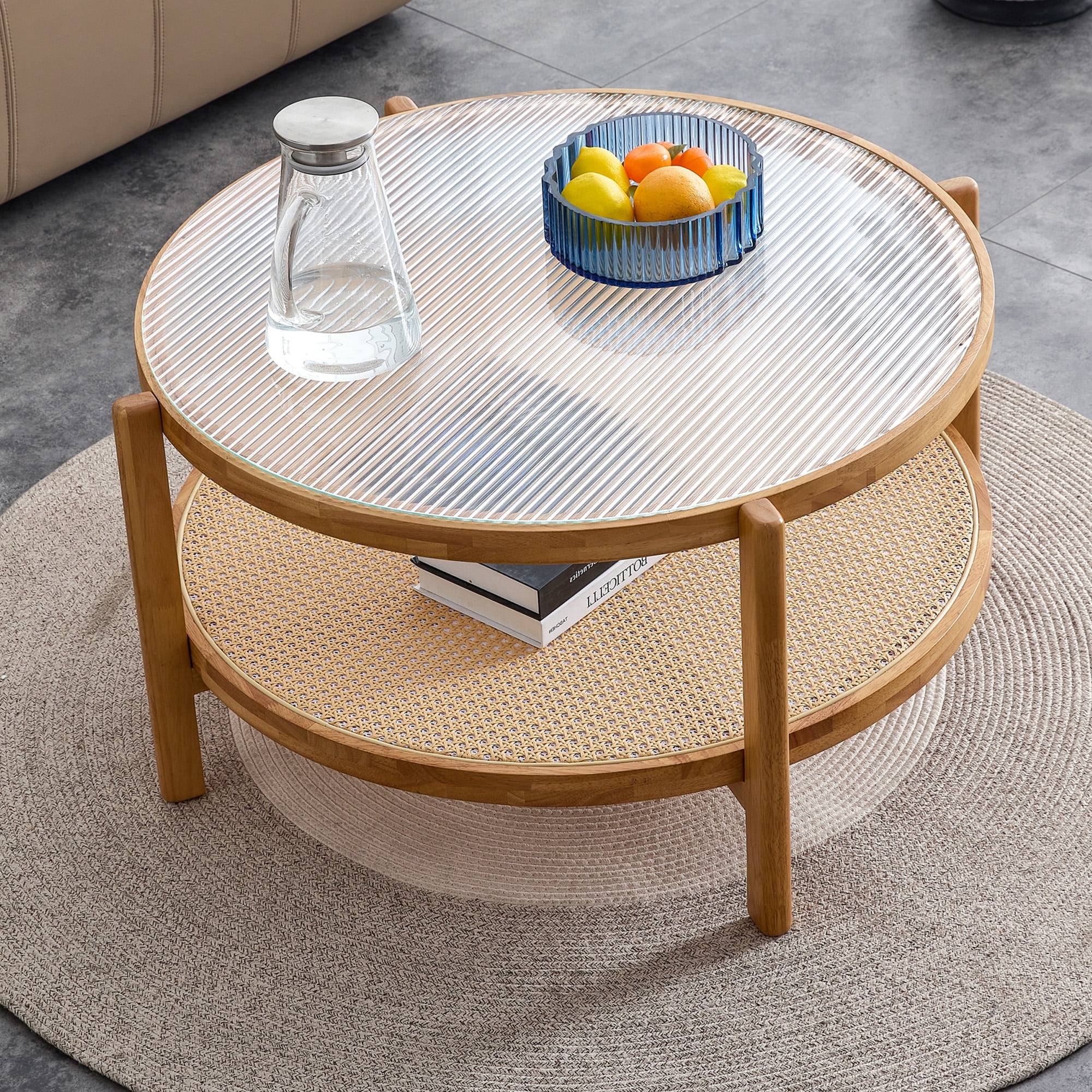 Ufurpie 2-Layer Modern Rattan Coffee Table,Solid Wood&Glass Tea Table ...