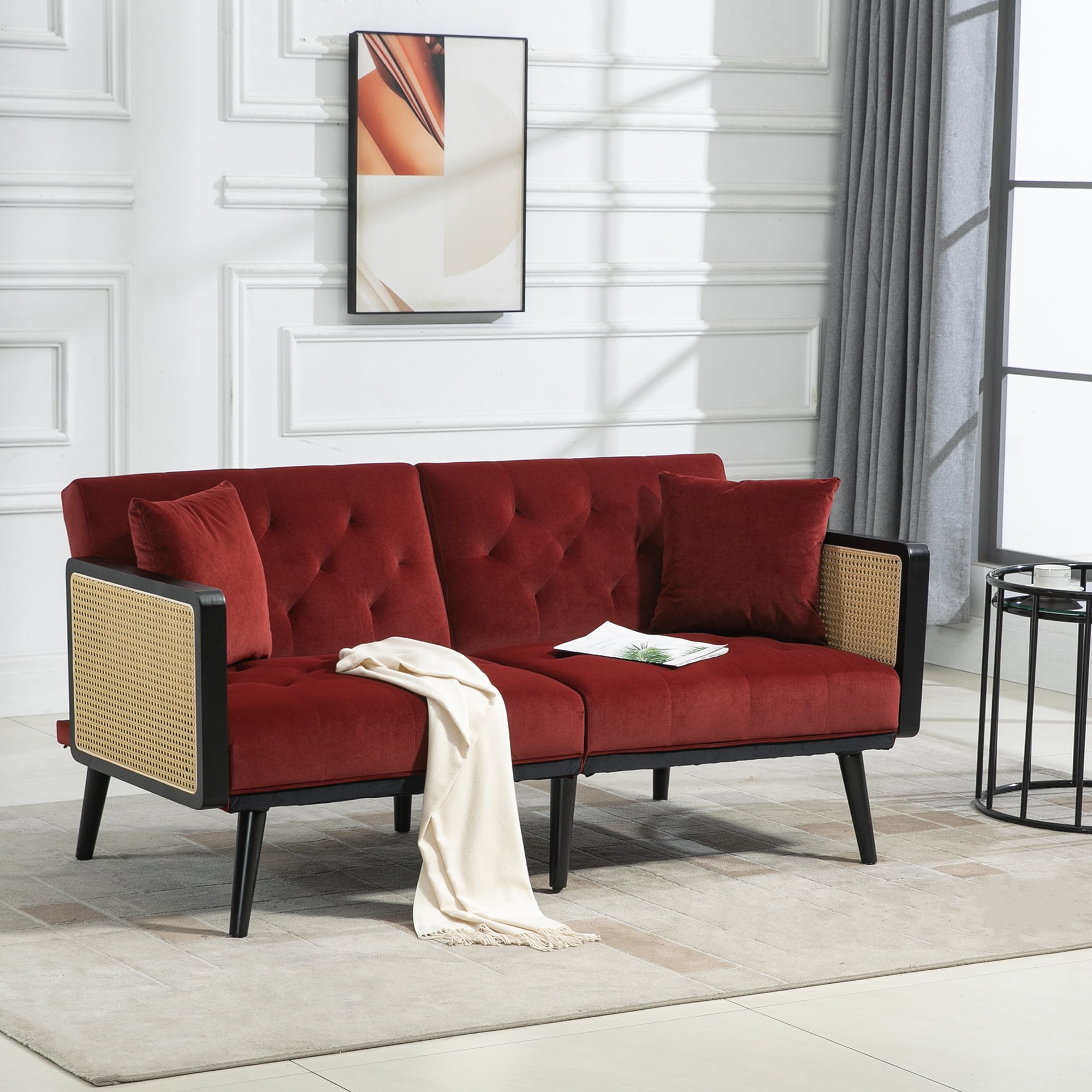 Ufurpie 61" Velvet Sofa with Rattan Armrests and 2 Pillows,Loveseat ...