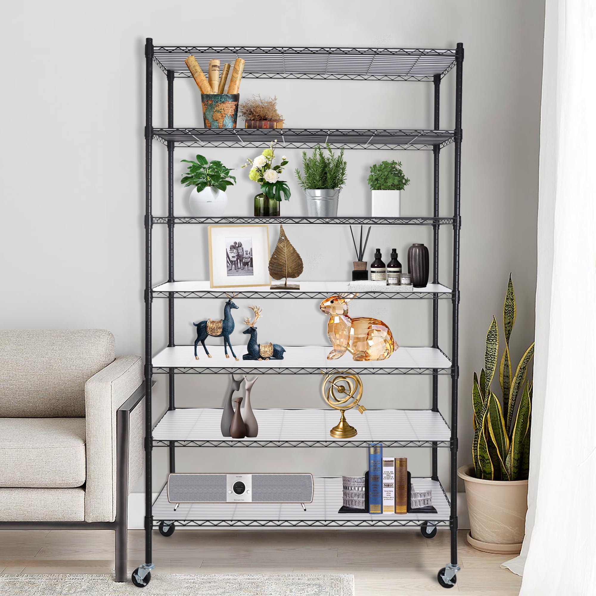 Ufurpie Black 7-Tier Adjustable Metal Storage Shelves with Wheels for ...
