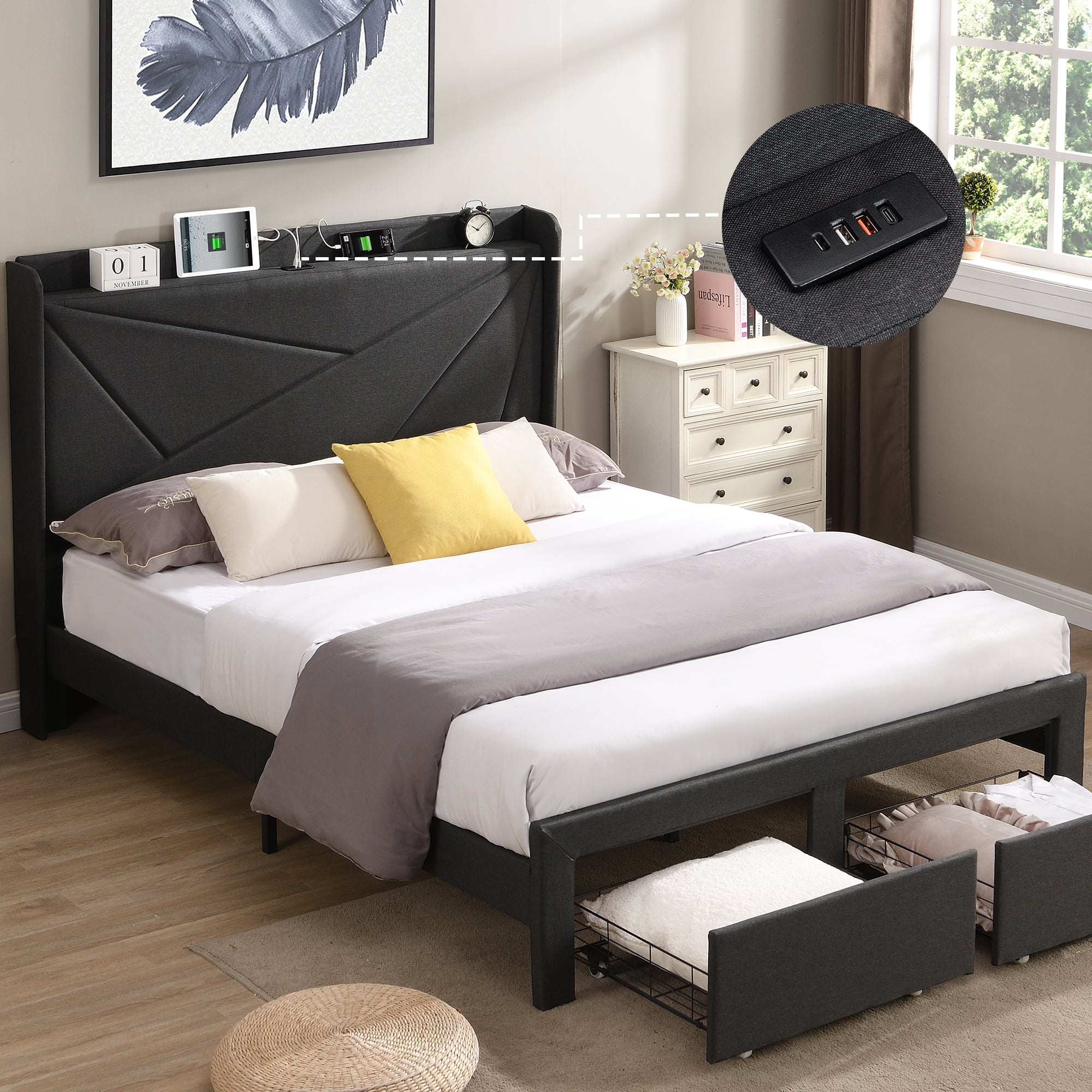 Ufurpie Full Size Bed Frame with 2 Storage Drawers,Upholstered Bed ...