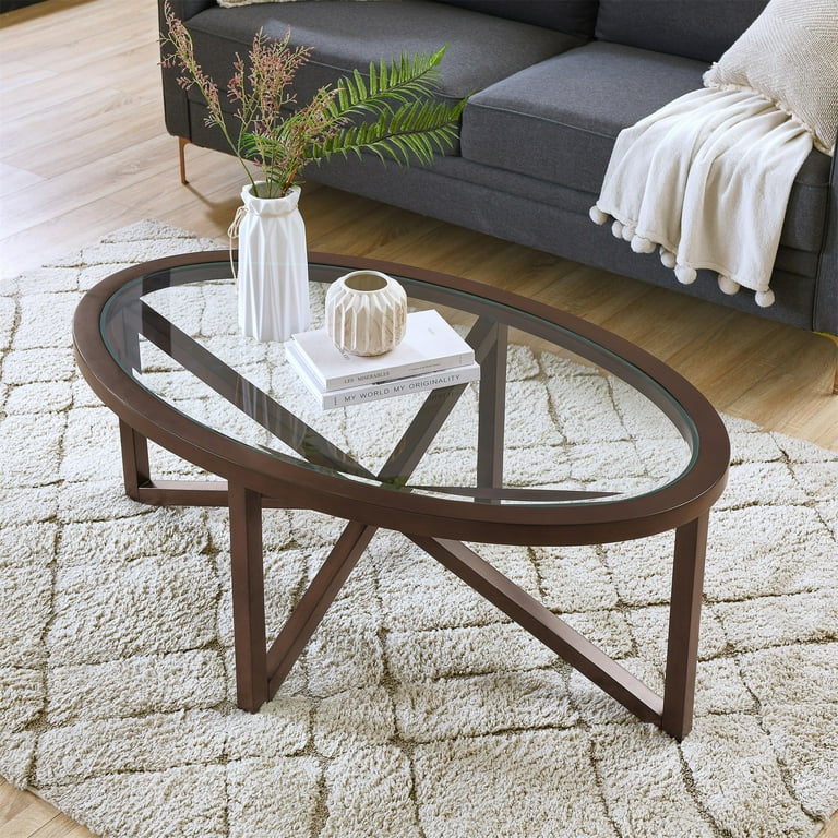 Oval glass top coffee table with wood base store