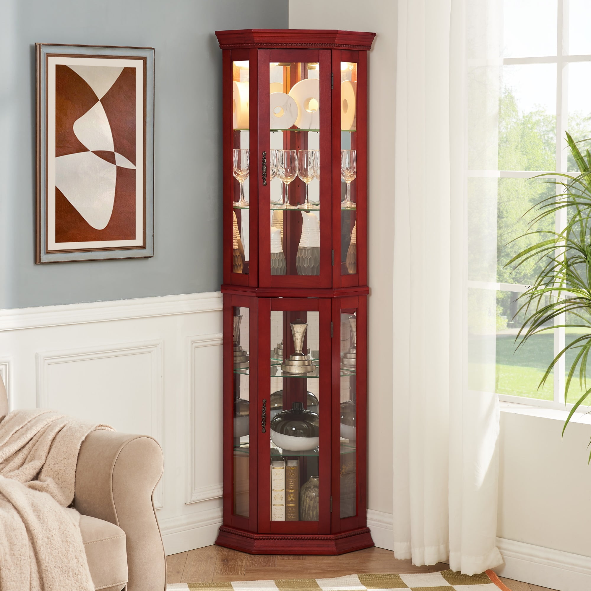 Ufurpie Cherry Lighted Corner Curio Display Cabinet with Glass Shelves ...