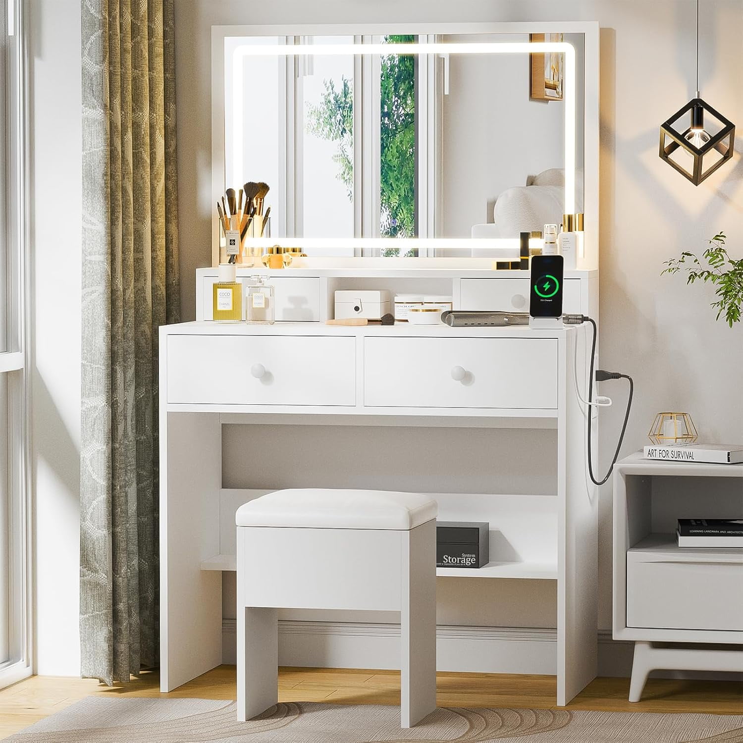 Ufurpie Makeup Vanity Desk with Lighted Mirror, White Vanity Table with ...