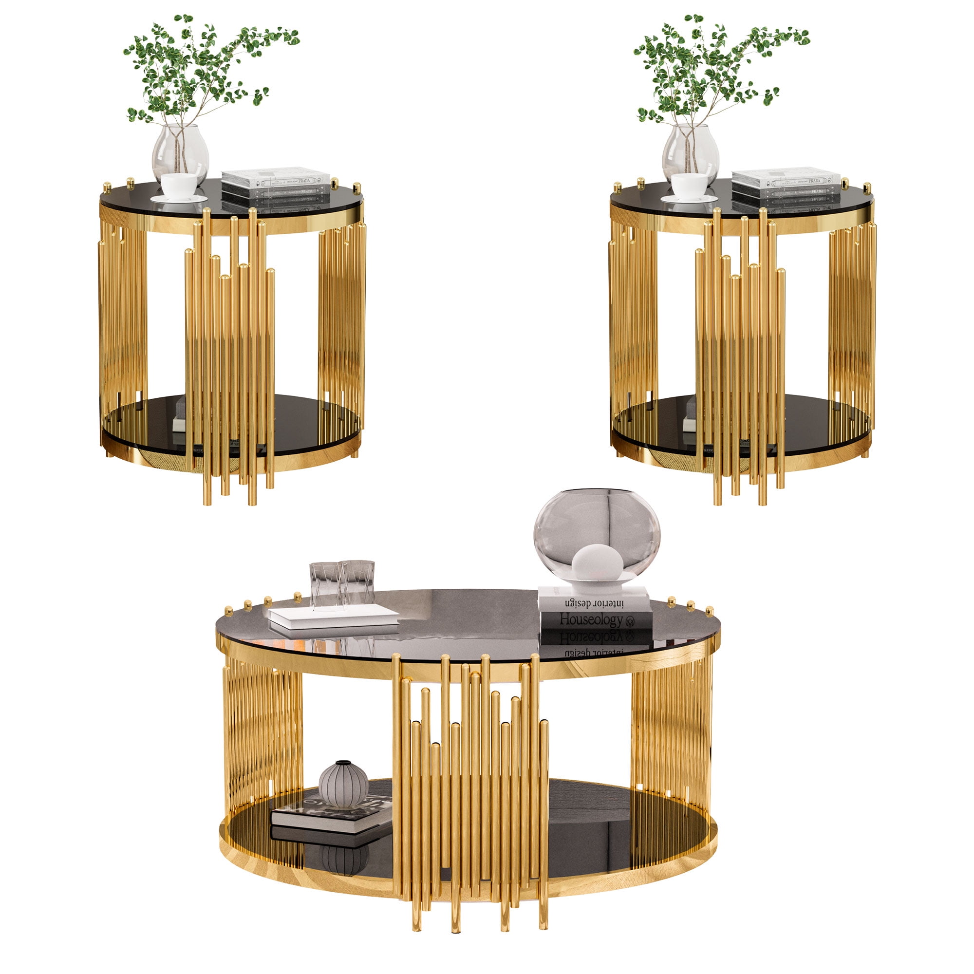 Ufurpie Modern Glass Coffee Table Set of 3, Luxury 2-Tier Black Glass Coffee Table and 2 End ...