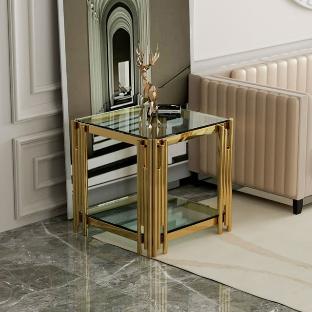 "Ufurpie 20"" Modern Square Glass End Table with Gold Steel Legs, 2 ...