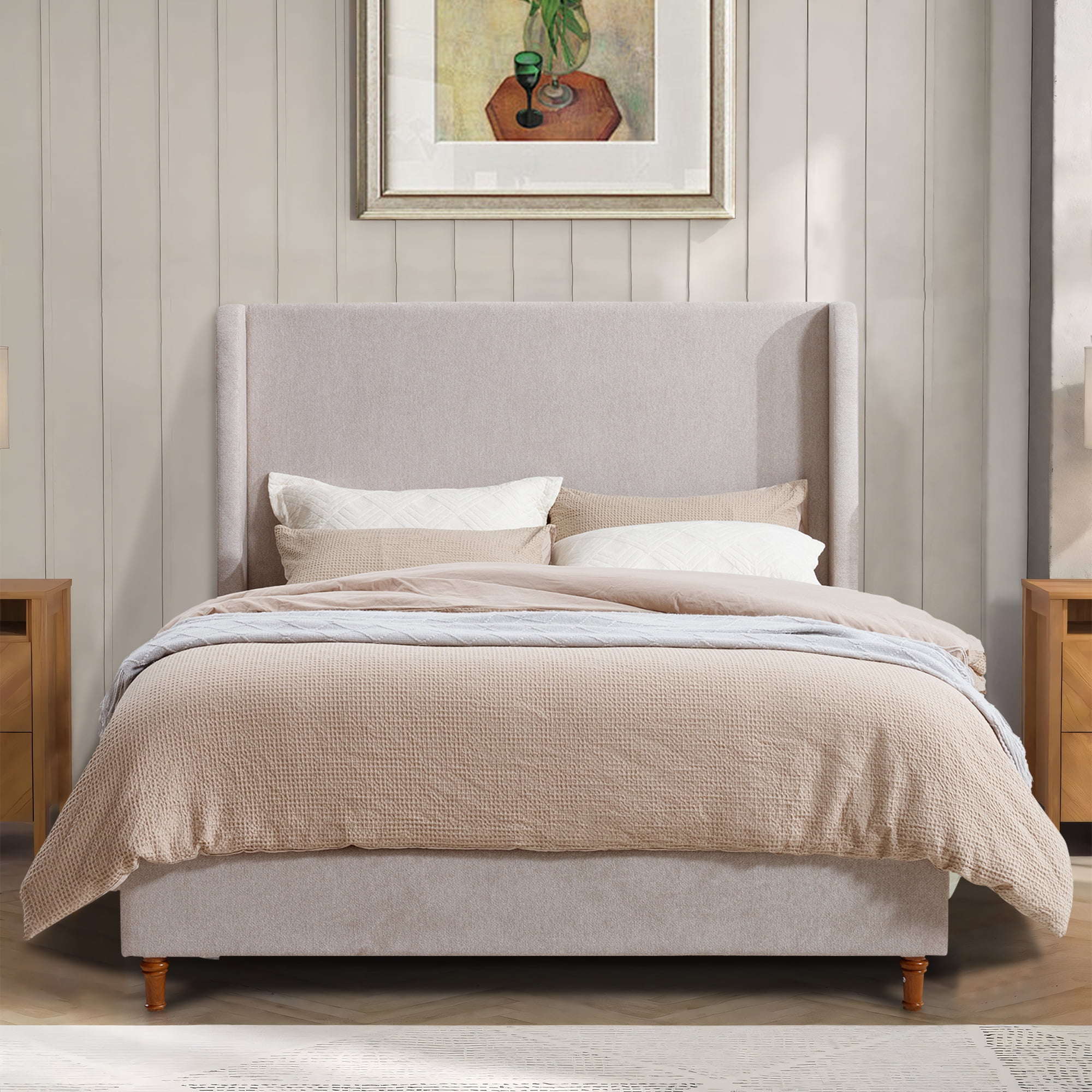 Ufurpie Queen Chenille Upholstered Bed Frame with Tall Headboard,Wingback Platform Bed,No Box ...