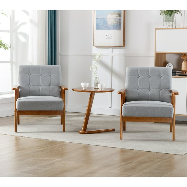 Ufurpie Mid-Century Arm Chair Set of 2 with Table, Linen Fabric, Light ...