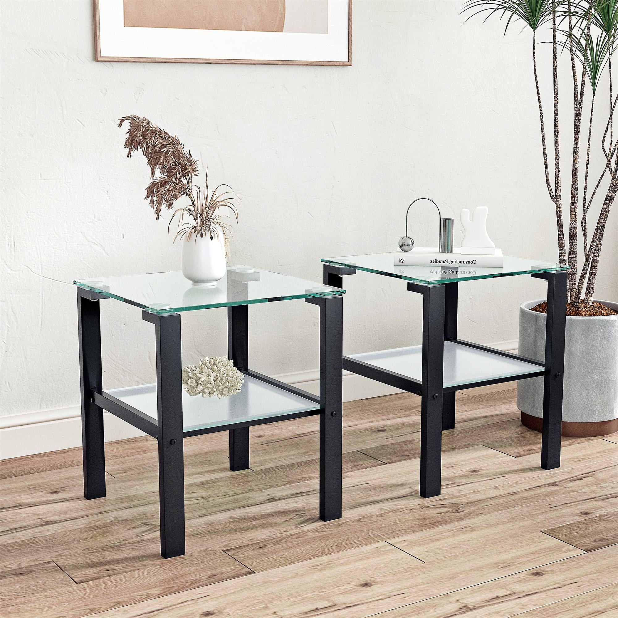 Ufurpie Modern Small Metal Top Set of 2 Tempered Glass End Table ...