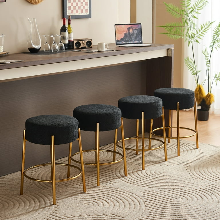 Ufurpie Set of 4 24 Counter Height Teddy Fabric Round Bar Stools Modern Upholstered Dining Stools for Kitchen Bar Cafe Black Gold Walmart