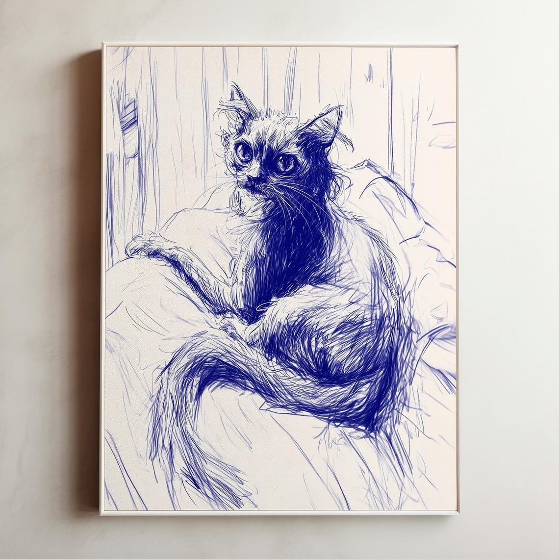 Ugly Cat Print, Pen Drawing Art, Hand Drawn Style, Blue Poster, Pencil ...